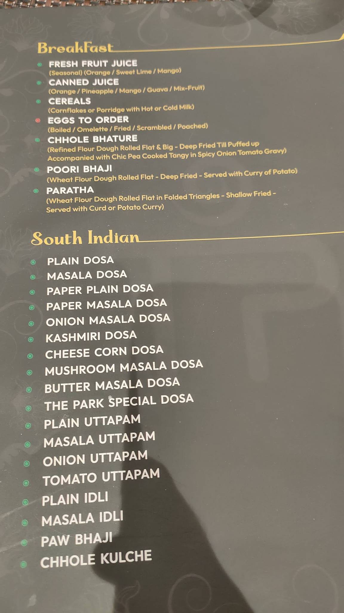 Menu at The Park (TP), Rourkela