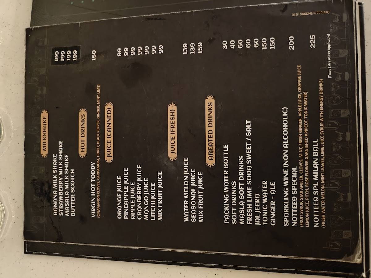Menu at The Park (TP), Rourkela
