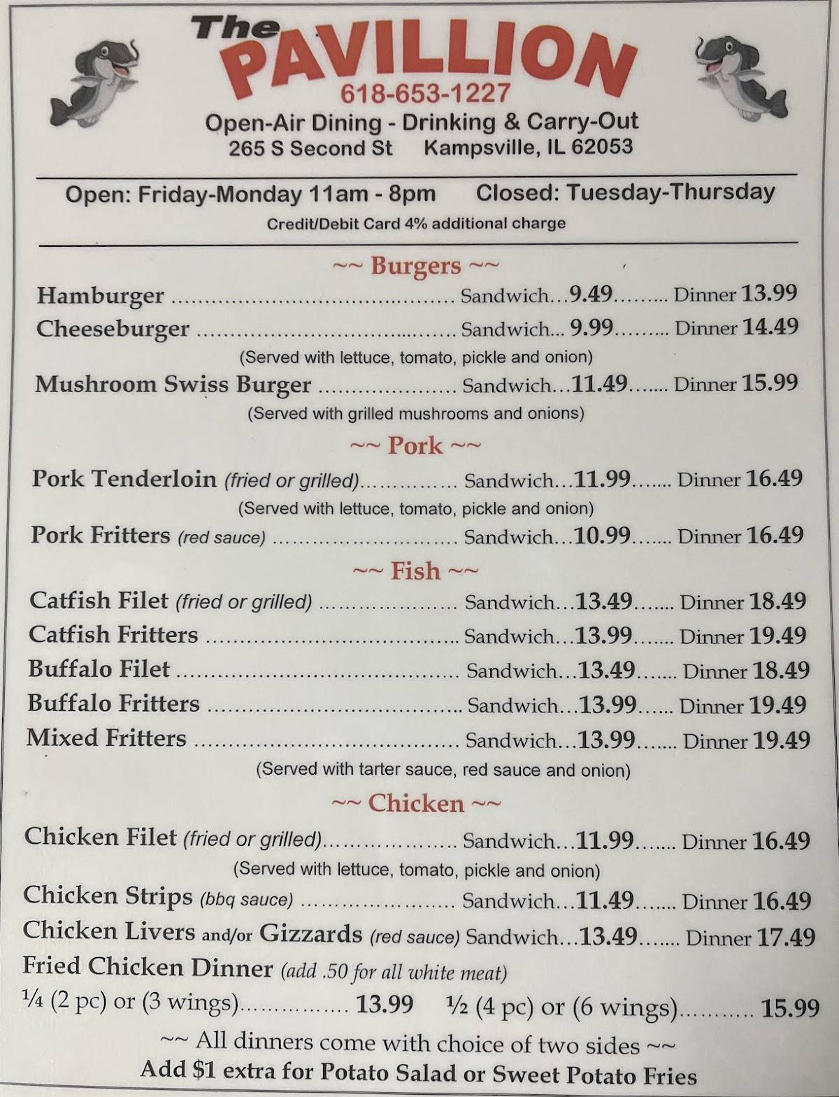 Menu at The Pavillion restaurant, Kampsville