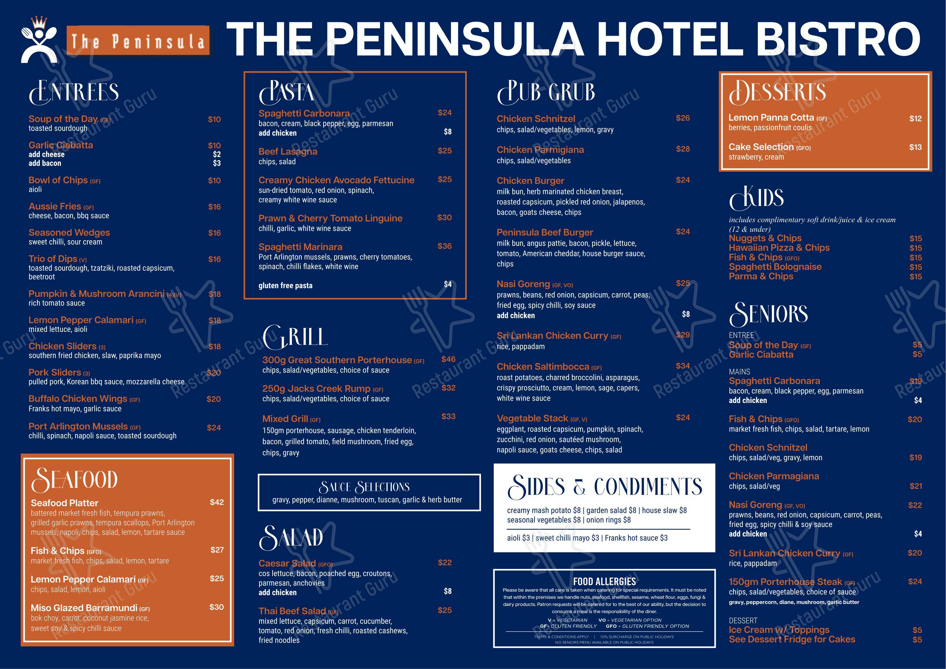 Menu at The Peninsula Hotel pub & bar, Newcomb