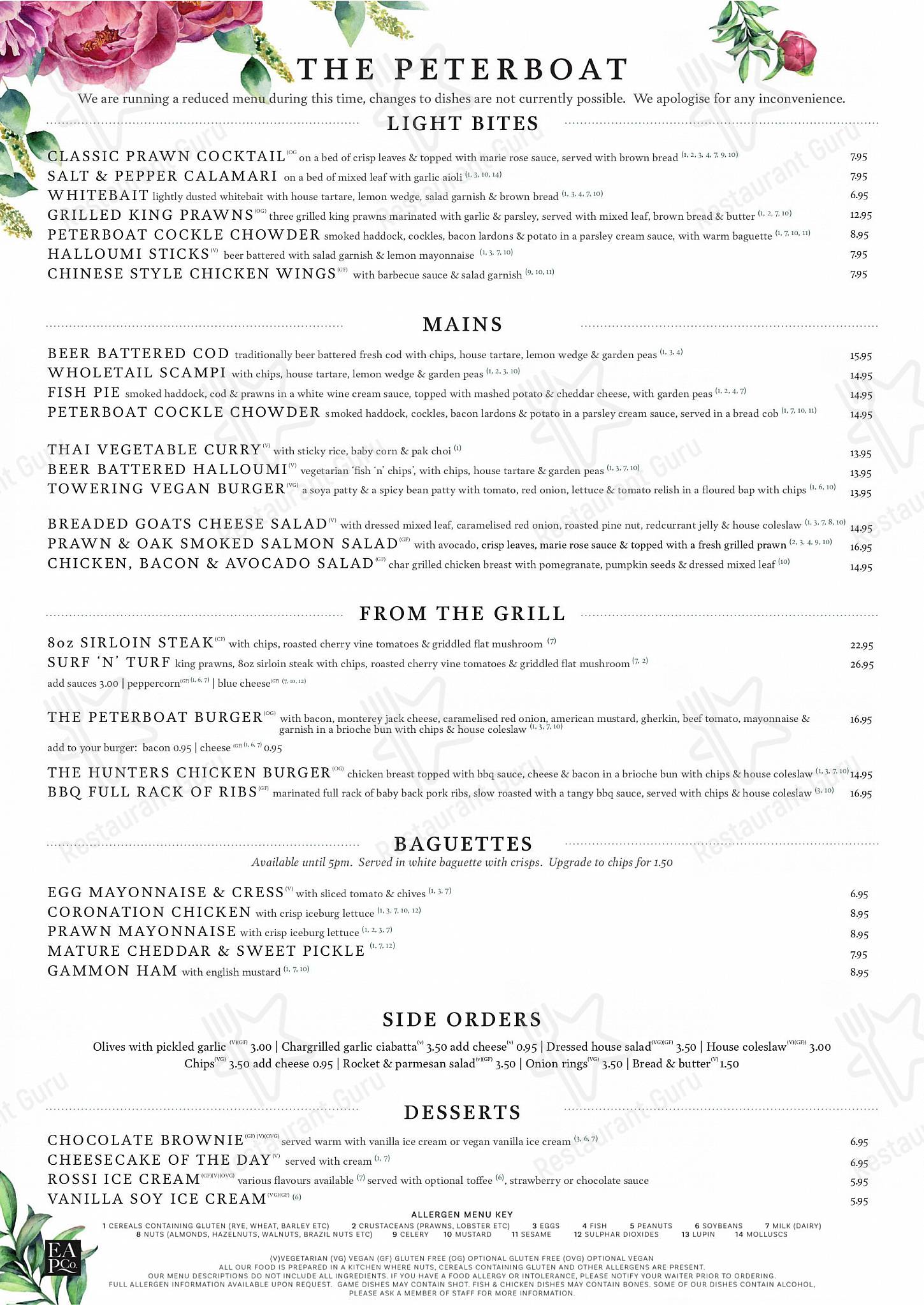 Menu at The Peterboat restaurant, Southend-on-Sea