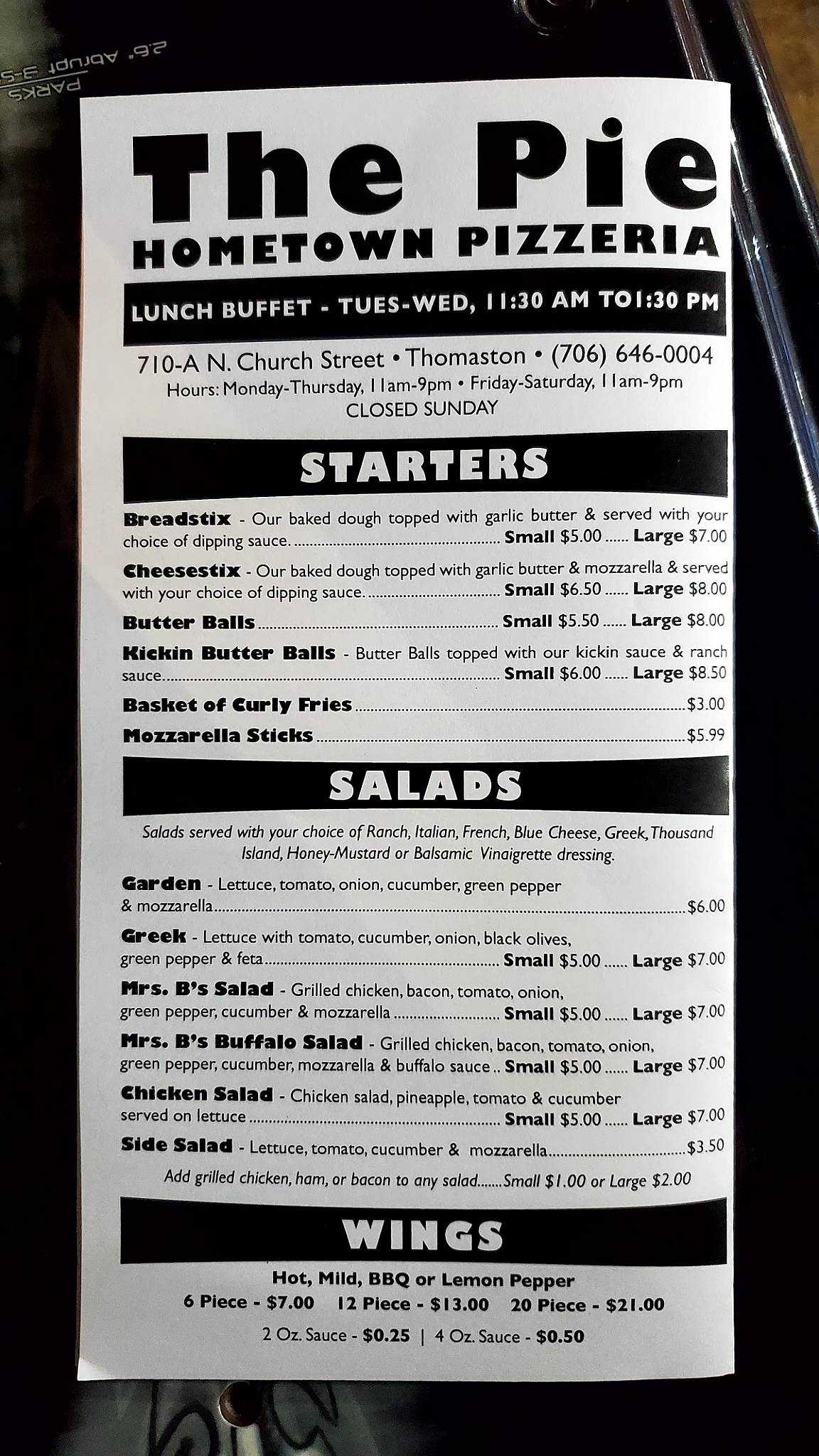 Menu at The Pie Hometown Pizzeria, Thomaston