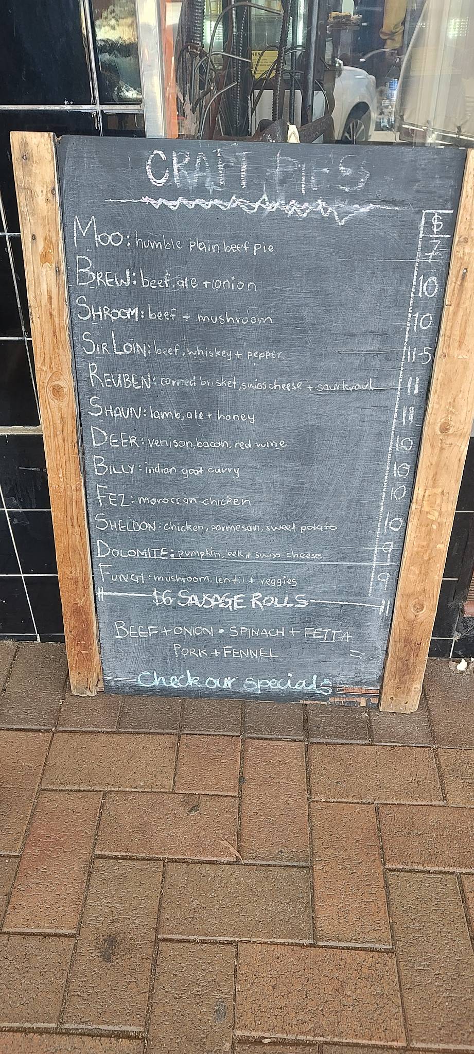 Menu at The Pie Mechanic cafe, Uralla