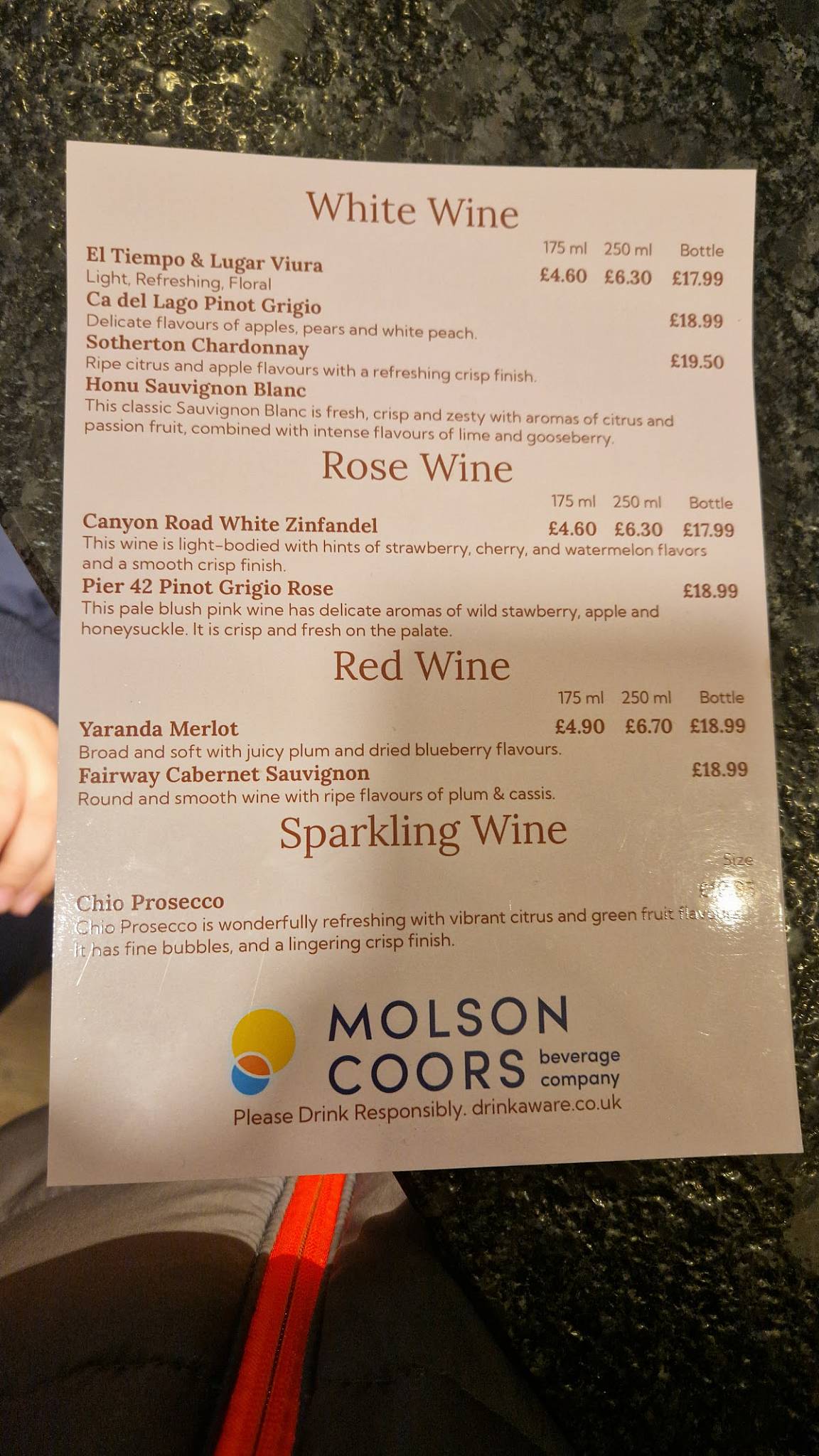 Menu at The Pitch restaurant, Llanelli