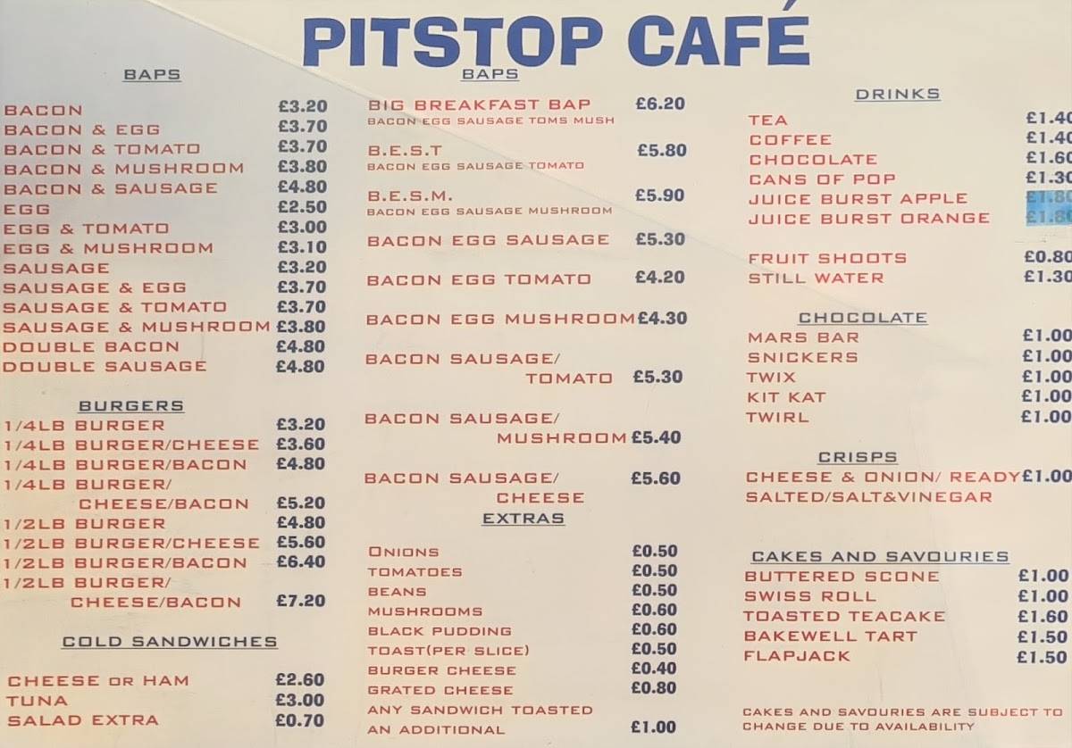 Menu at The Pitstop Cafe, Blyton