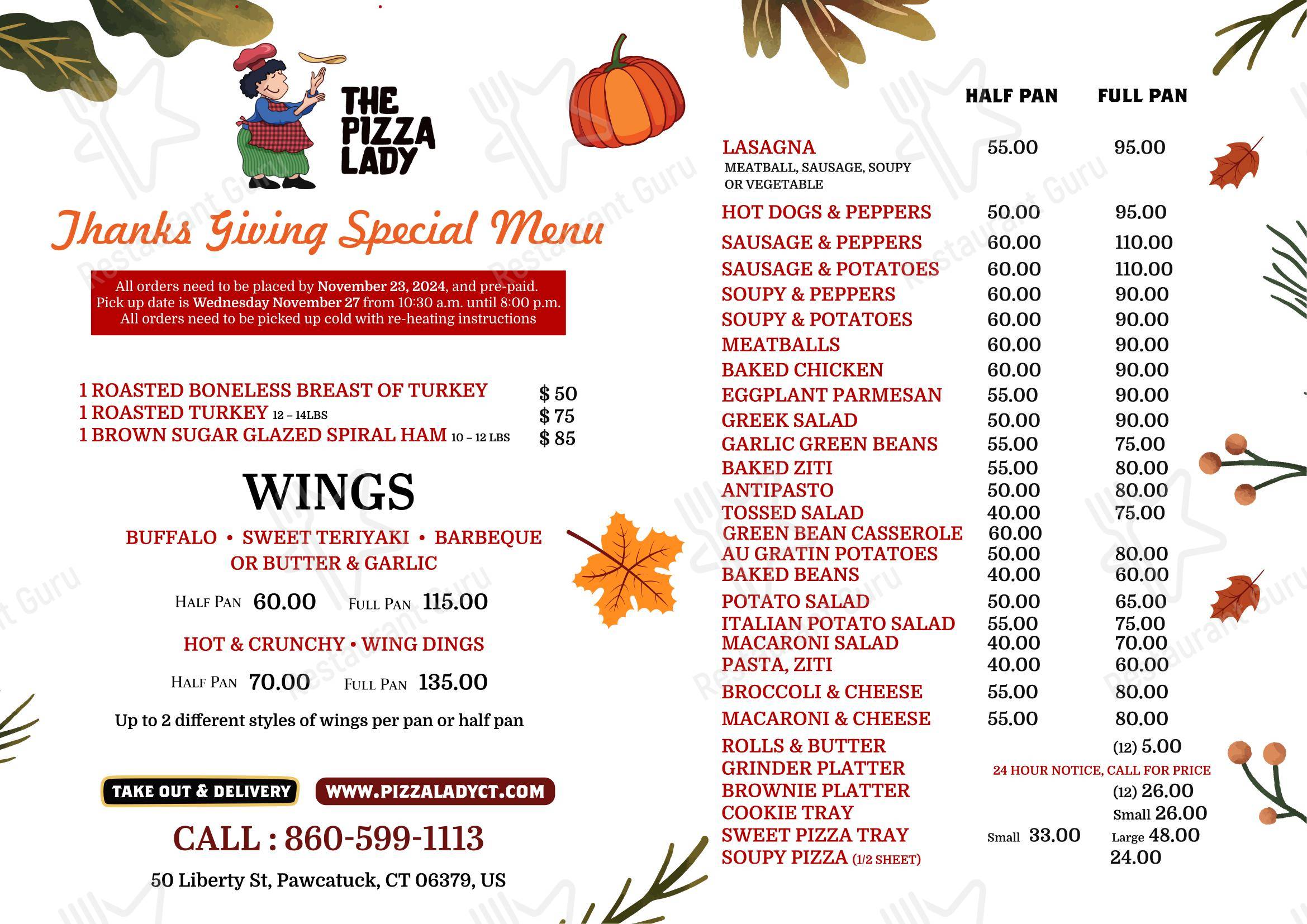 Menu at The Pizza Lady pizzeria, Westerly