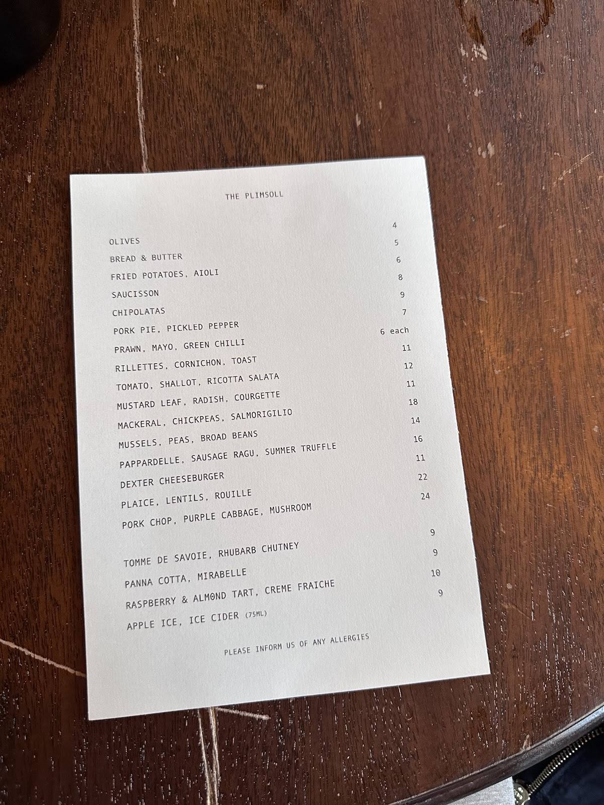 Menu at The Plimsoll pub & bar, London, 52 St Thomas's Rd