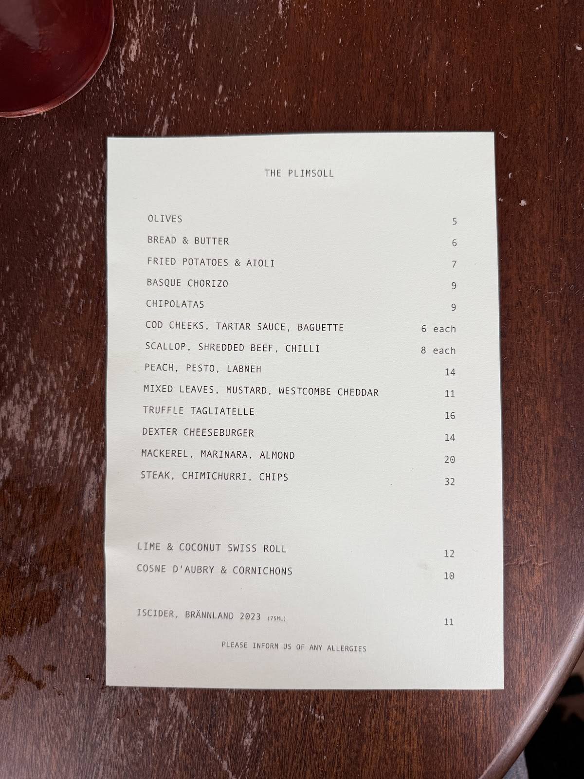 Menu at The Plimsoll pub & bar, London, 52 St Thomas's Rd