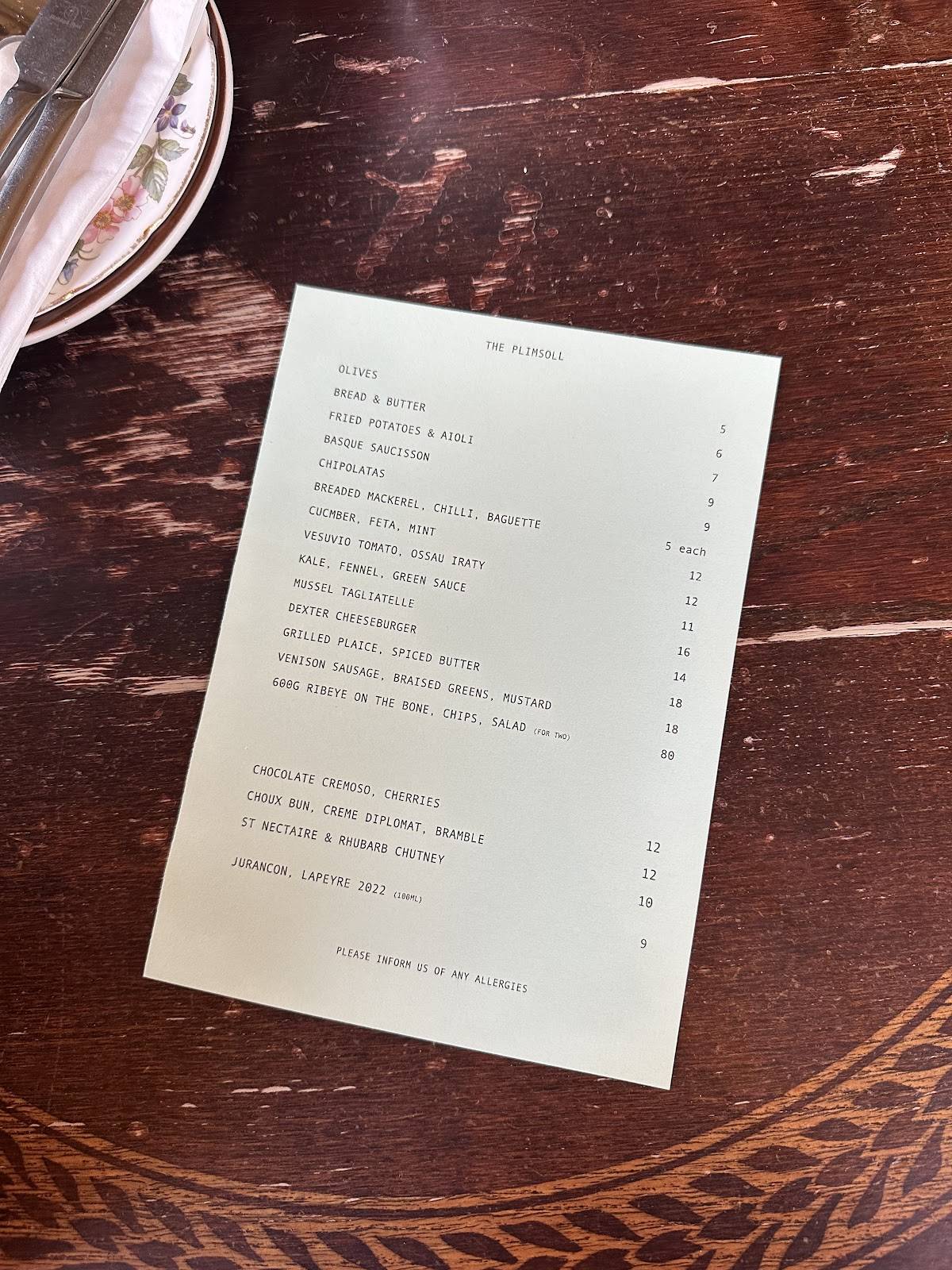 Menu at The Plimsoll pub & bar, London, 52 St Thomas's Rd