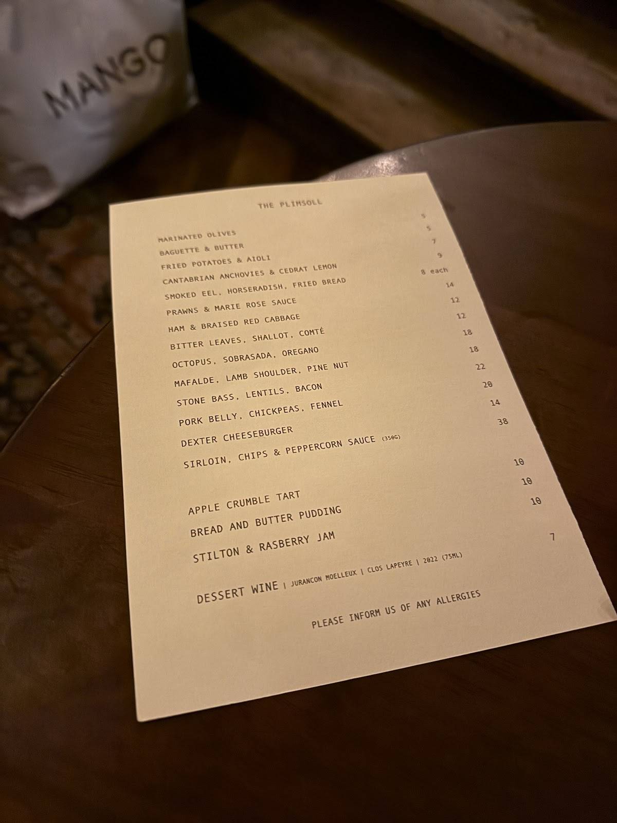 Menu at The Plimsoll pub & bar, London, 52 St Thomas's Rd