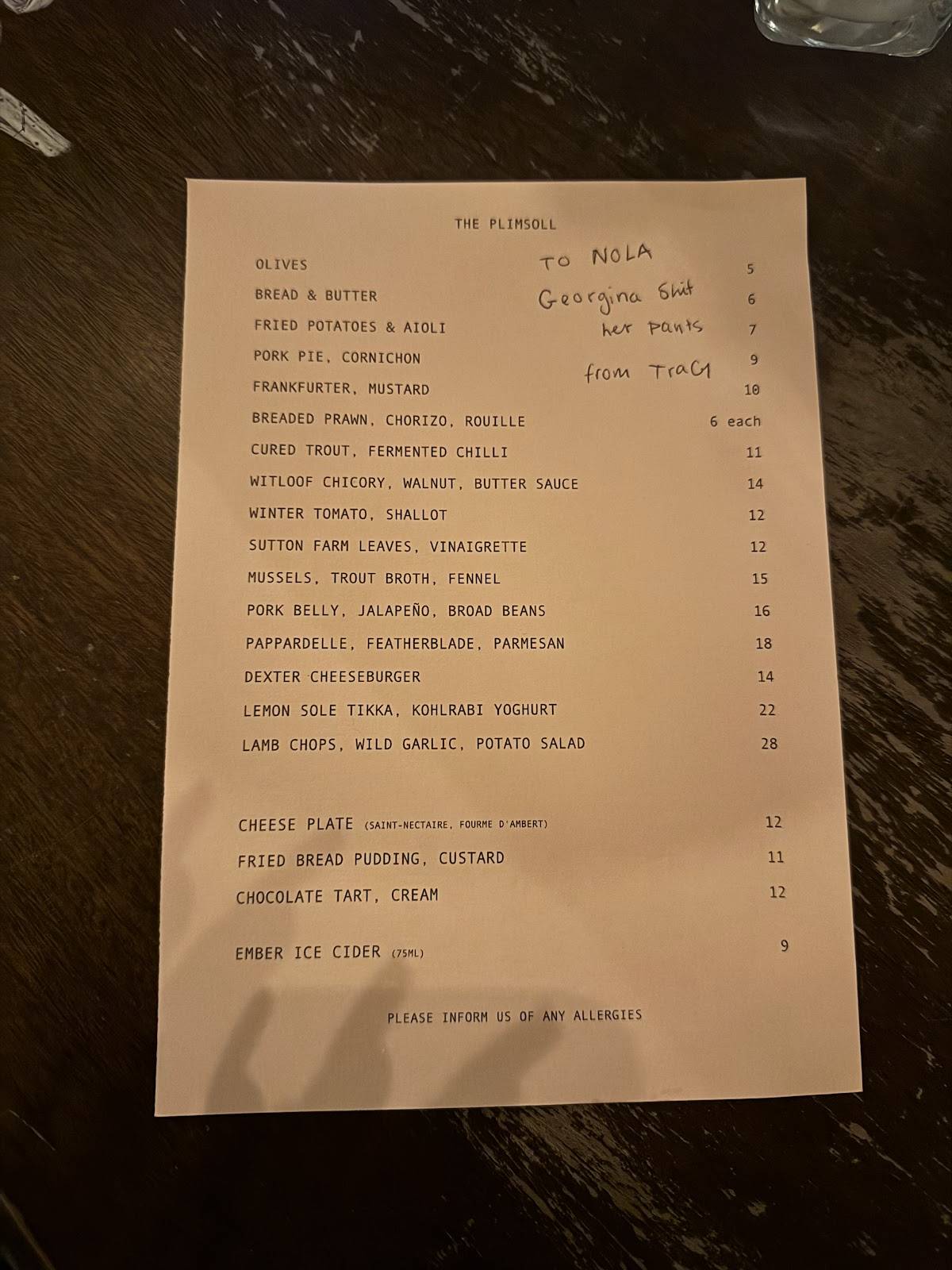 Menu at The Plimsoll pub & bar, London, 52 St Thomas's Rd