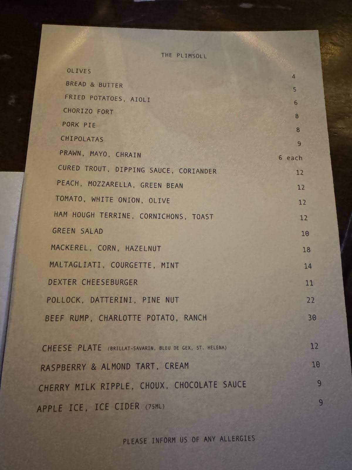 Menu at The Plimsoll pub & bar, London, 52 St Thomas's Rd