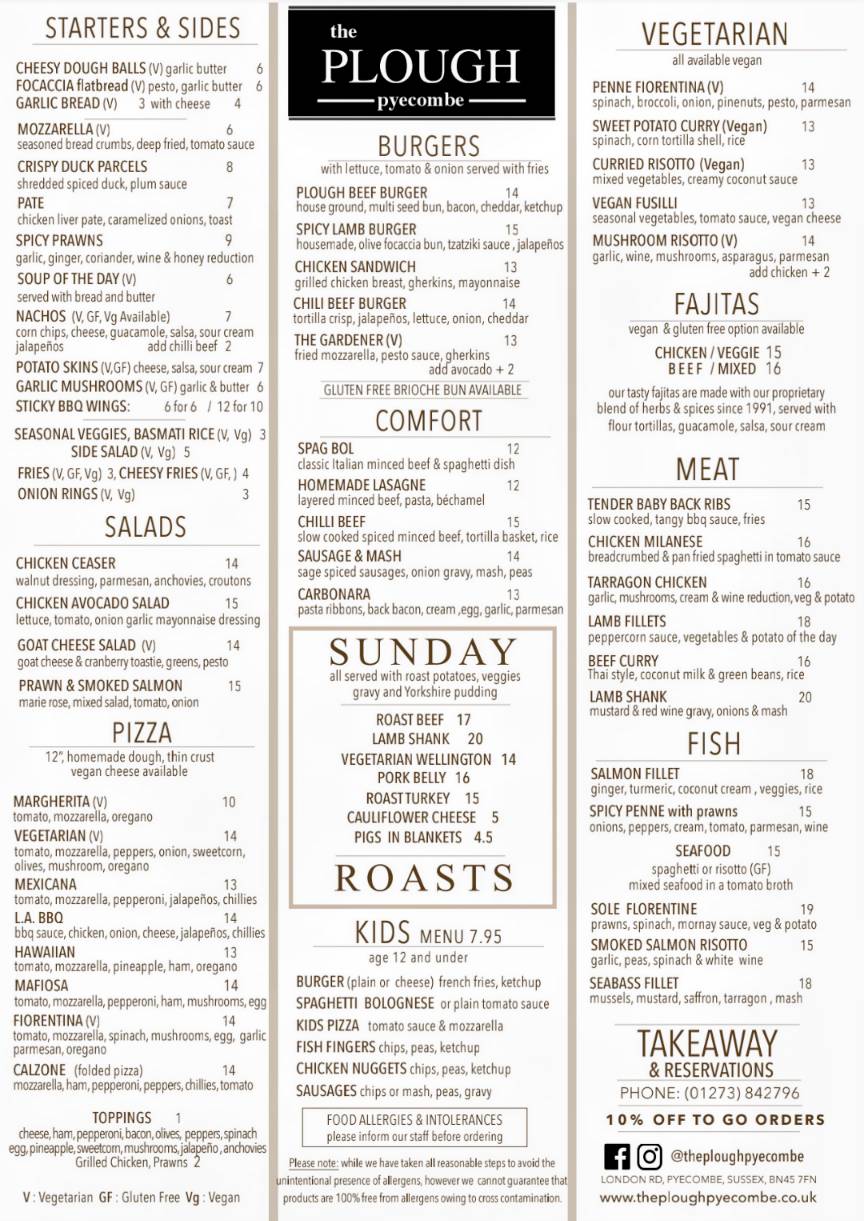 Menu at The Plough Pyecombe pub & bar, Brighton