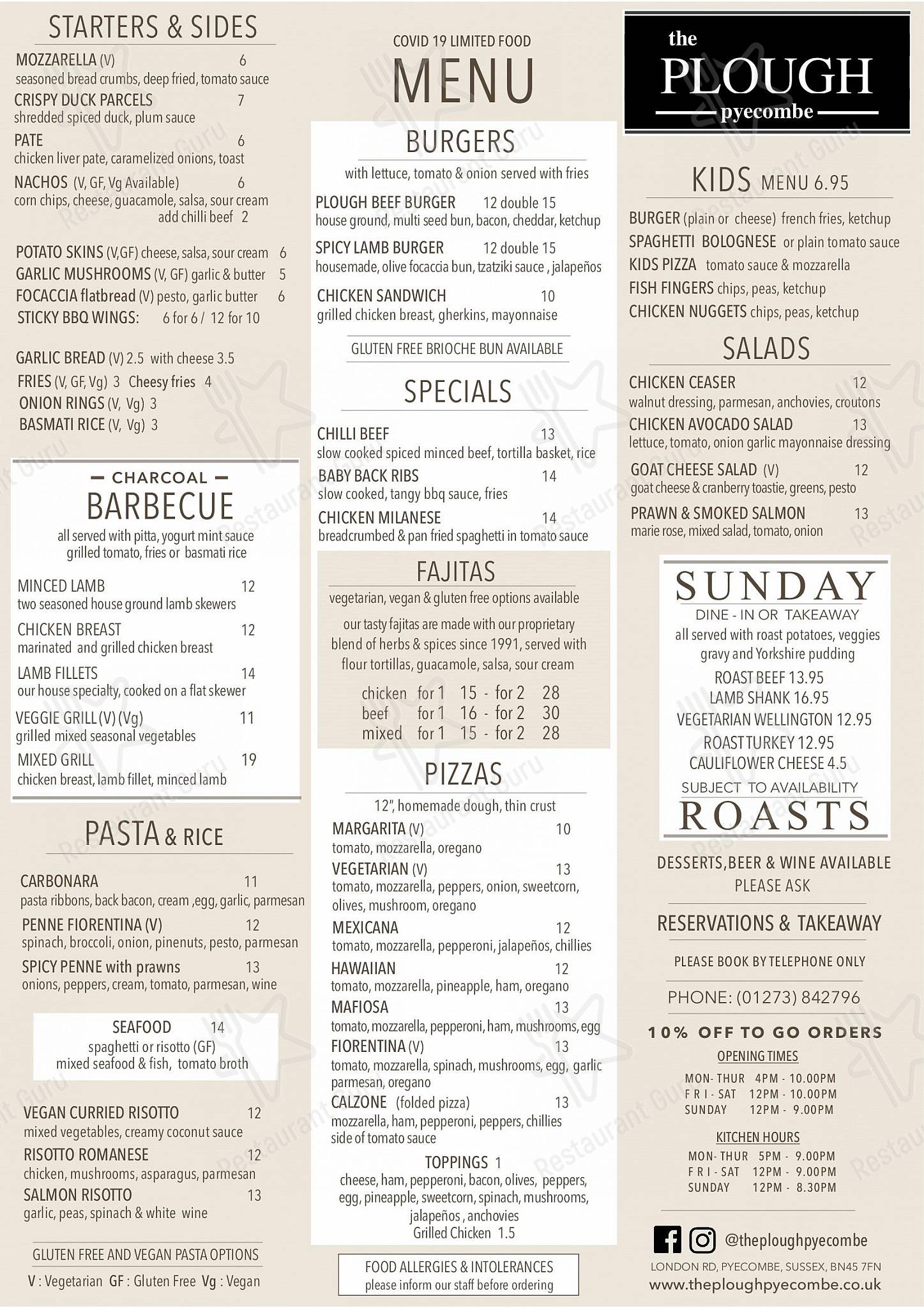 Menu at The Plough Pyecombe pub & bar, Brighton
