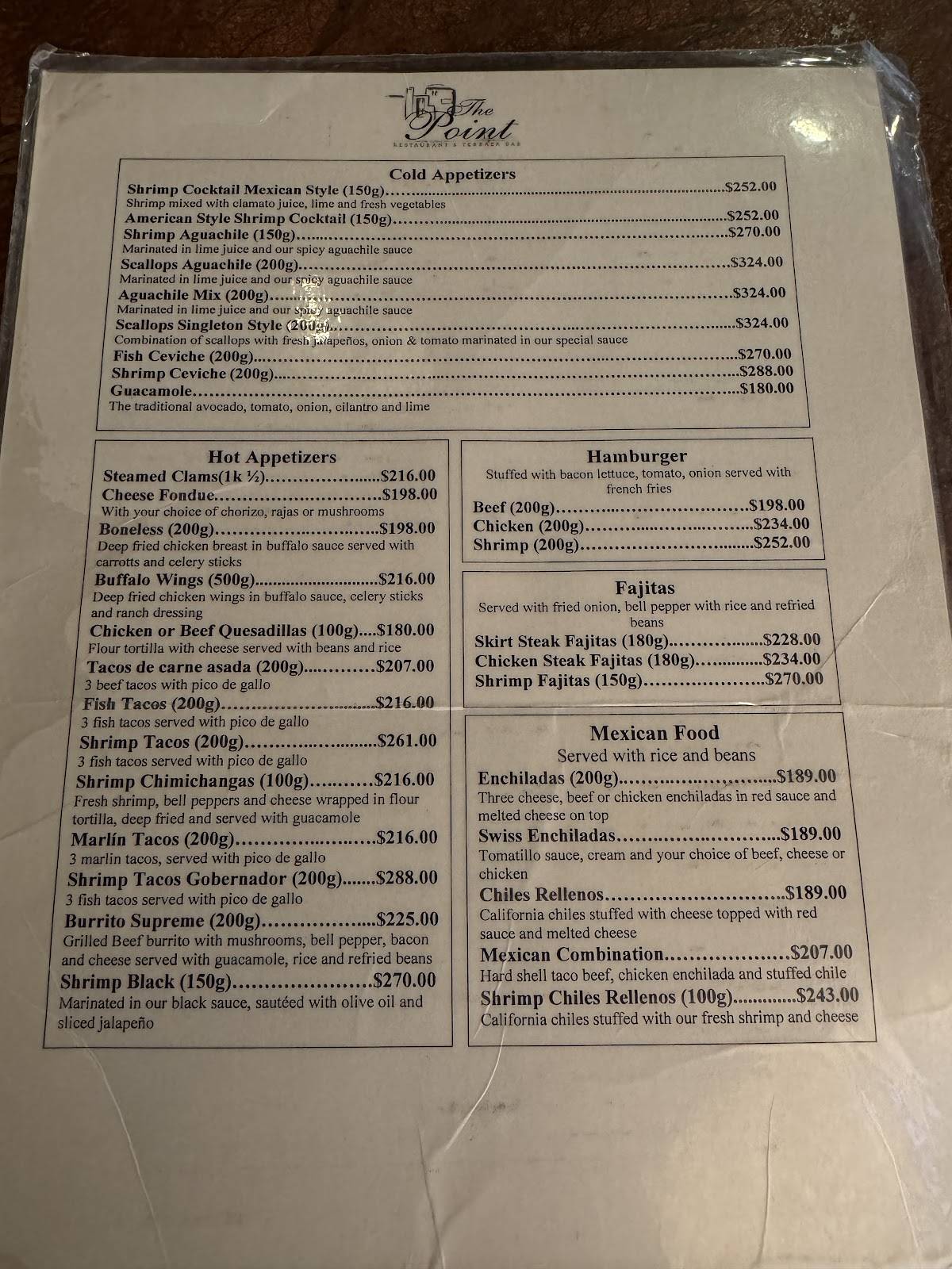 Menu at The Point Restaurant, Puerto Peñasco