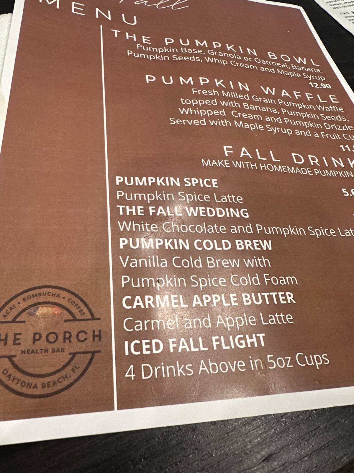Menu at The Porch Health Bar, Daytona Beach
