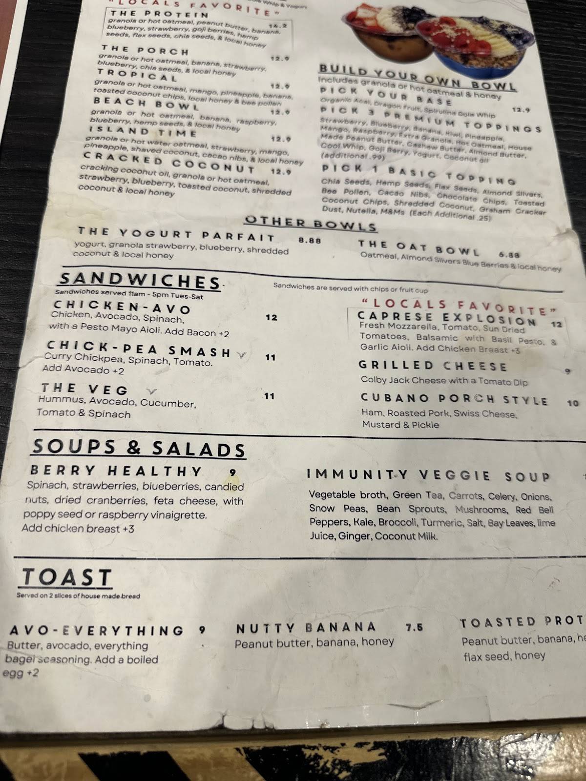 Menu at The Porch Health Bar, Daytona Beach