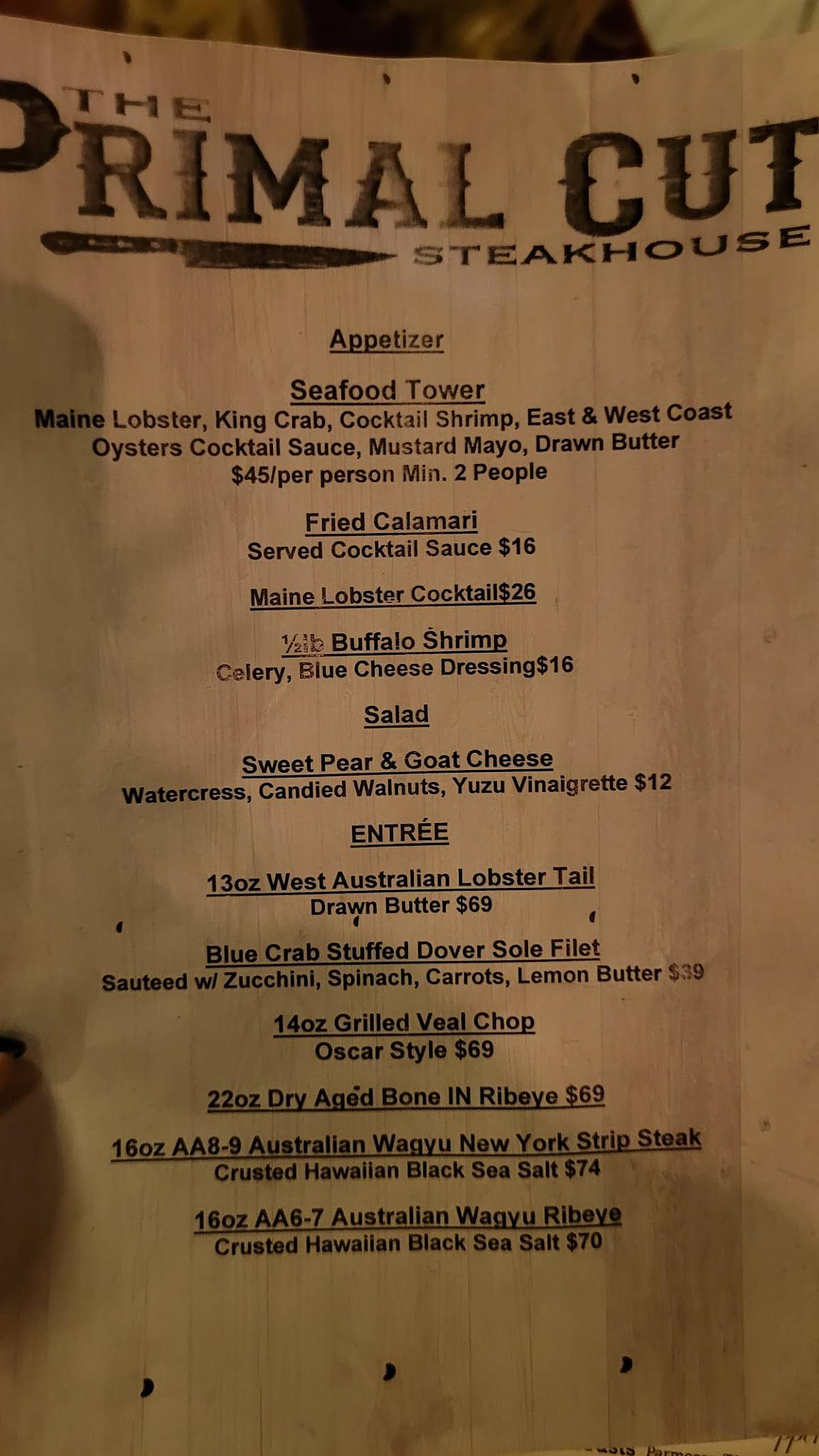Menu at The Primal Cut steakhouse, Tinley Park