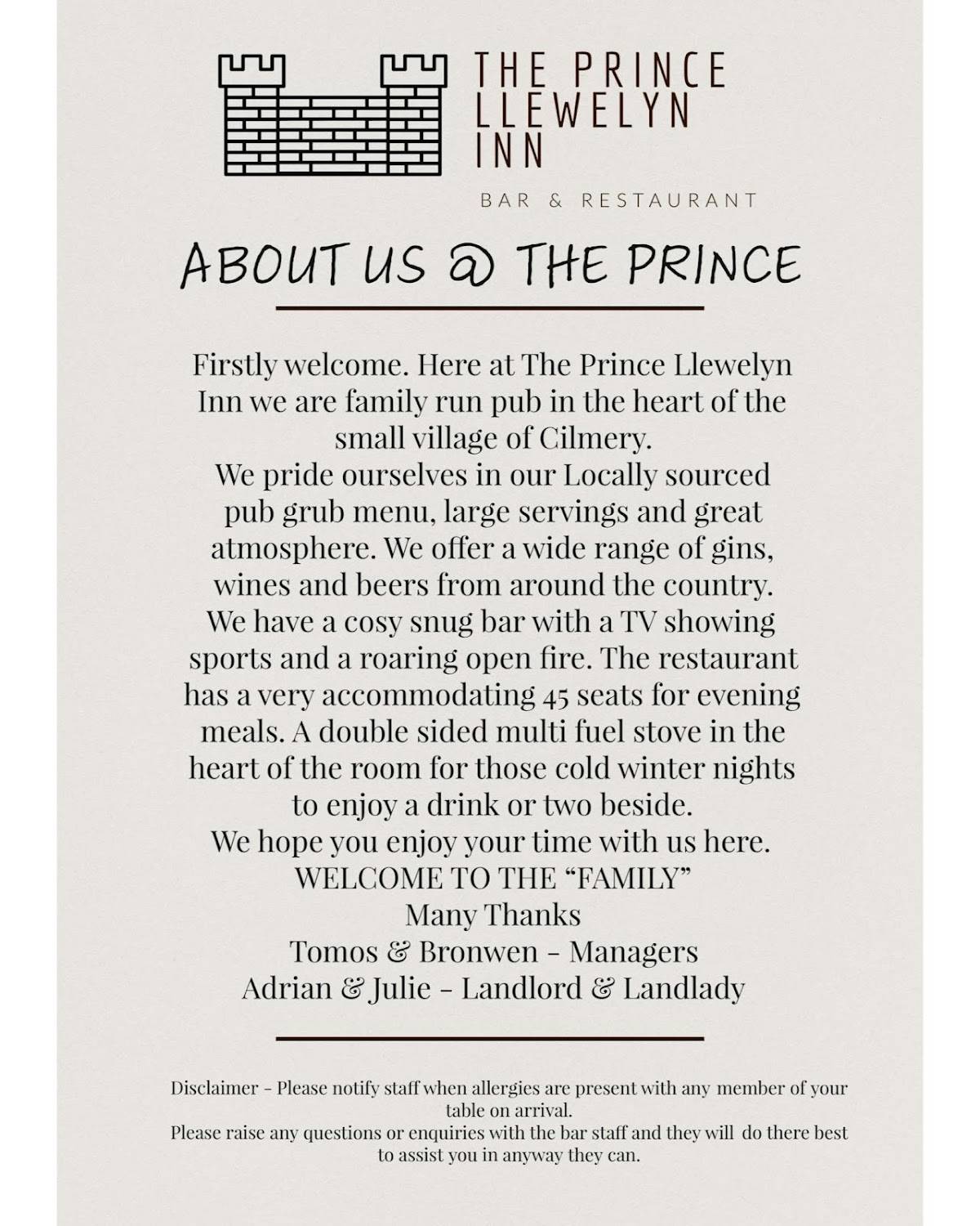 Menu at The Prince Llewelyn Inn pub & bar, England