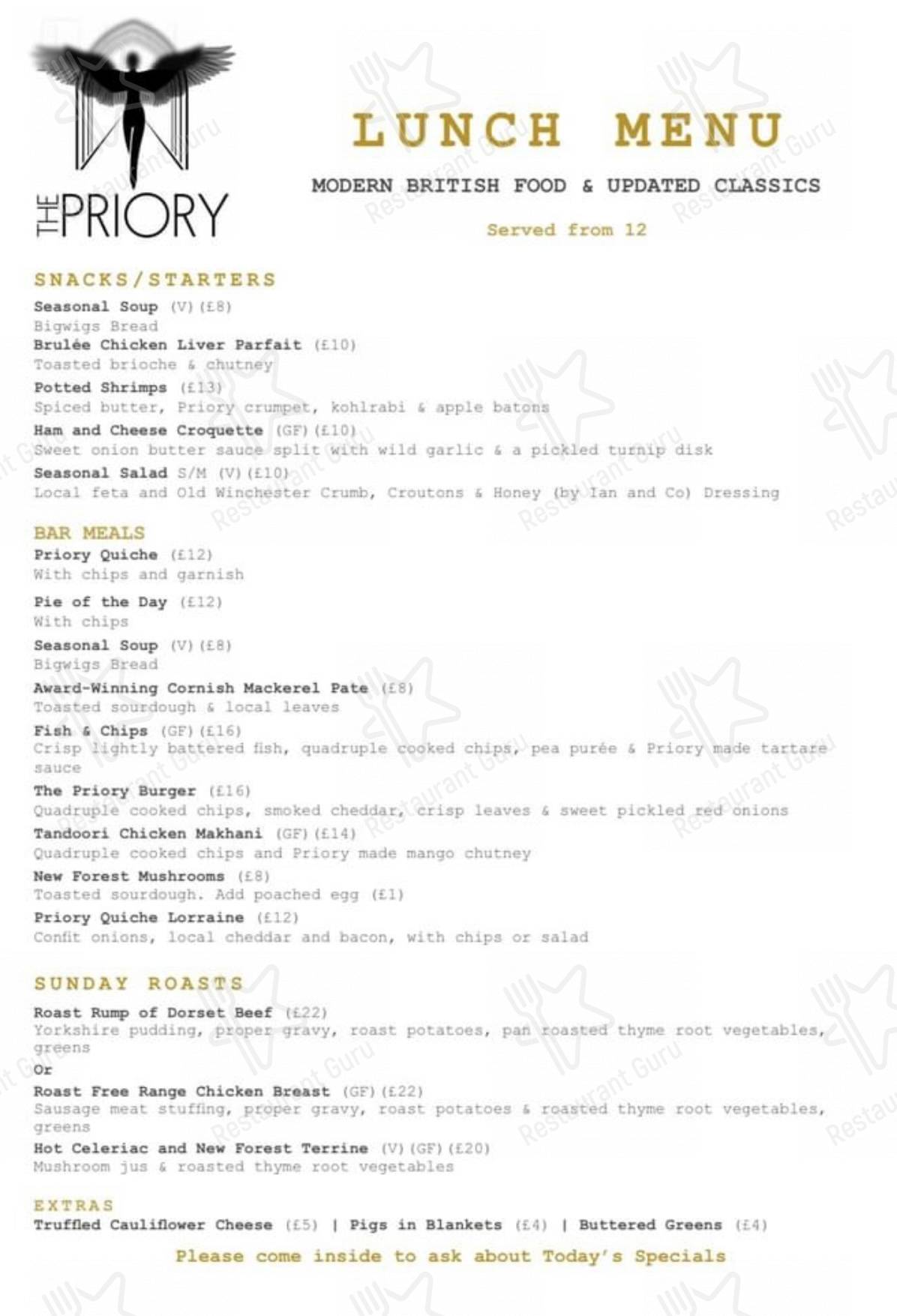 Menu at The Priory Restaurant, Cafe & Cocktail Bar, Christchurch