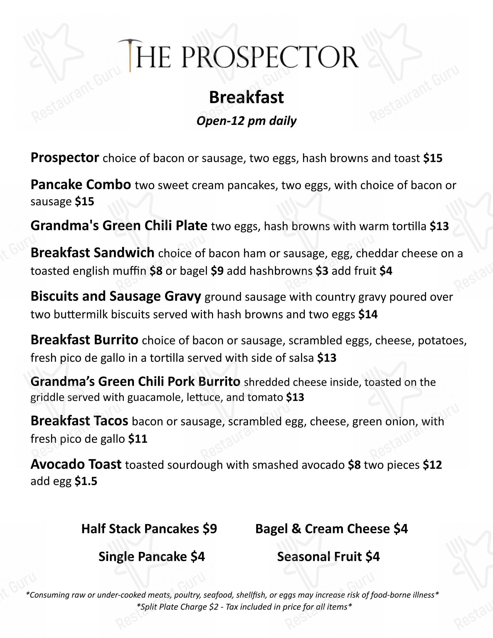 Menu at The Prospector restaurant, Gold Canyon