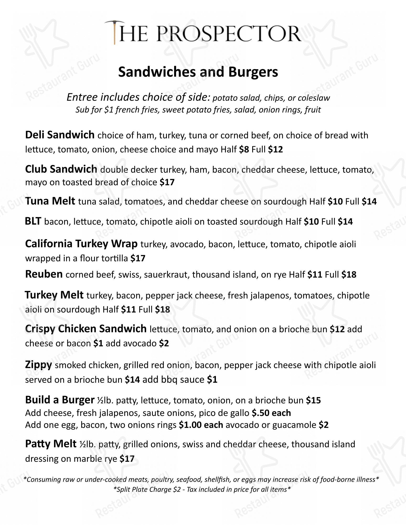 Menu at The Prospector restaurant, Gold Canyon