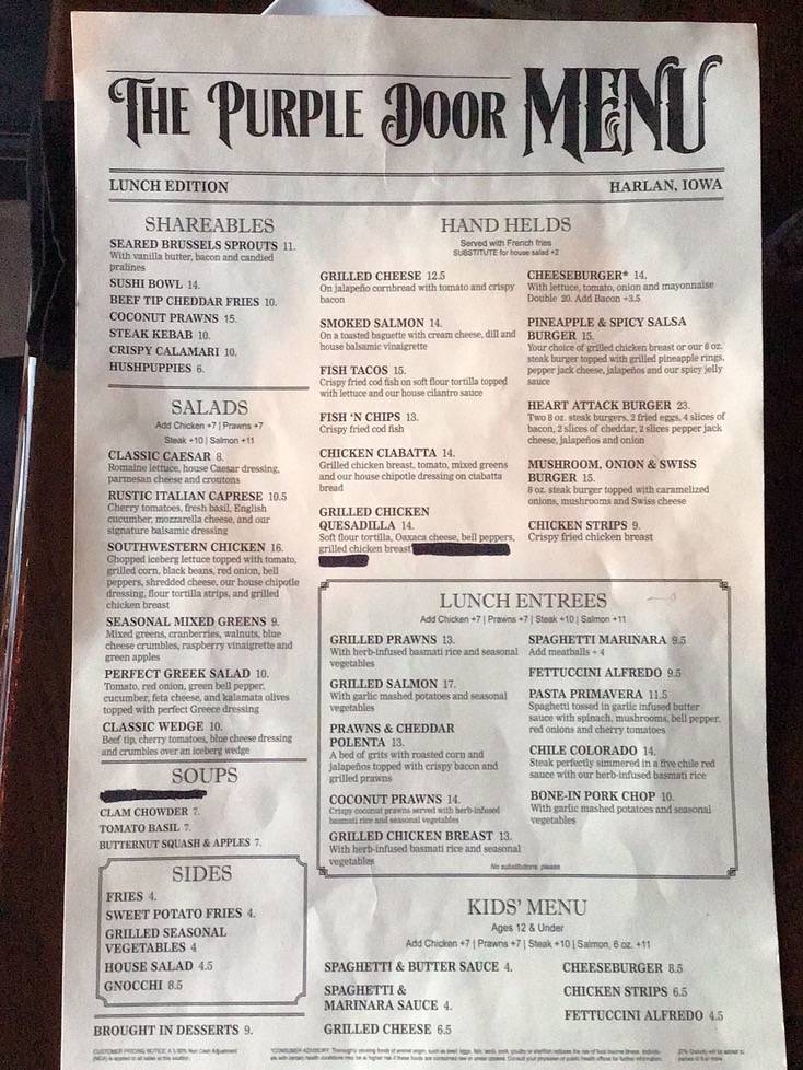 Menu at The Purple Door restaurant, Harlan