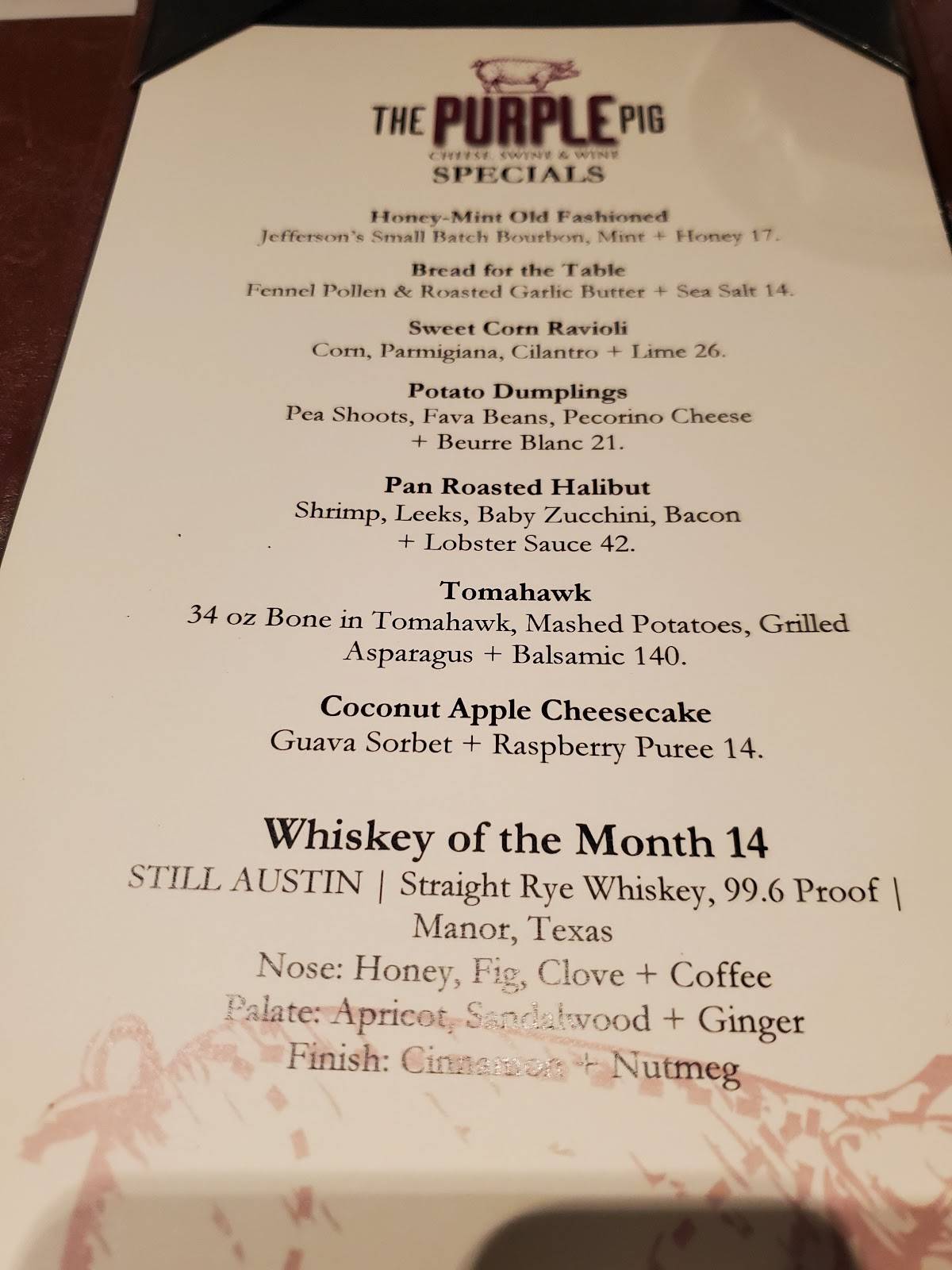 Menu at The Purple Pig Restaurant, Chicago, 444 Michigan Ave