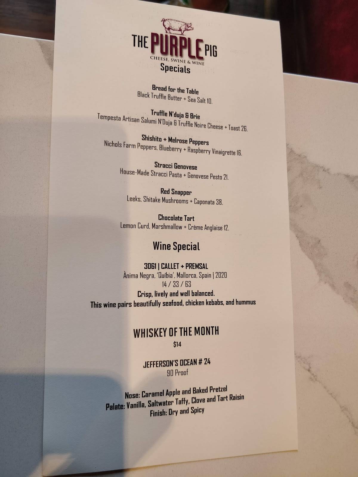 Menu at The Purple Pig Restaurant, Chicago, 444 Michigan Ave