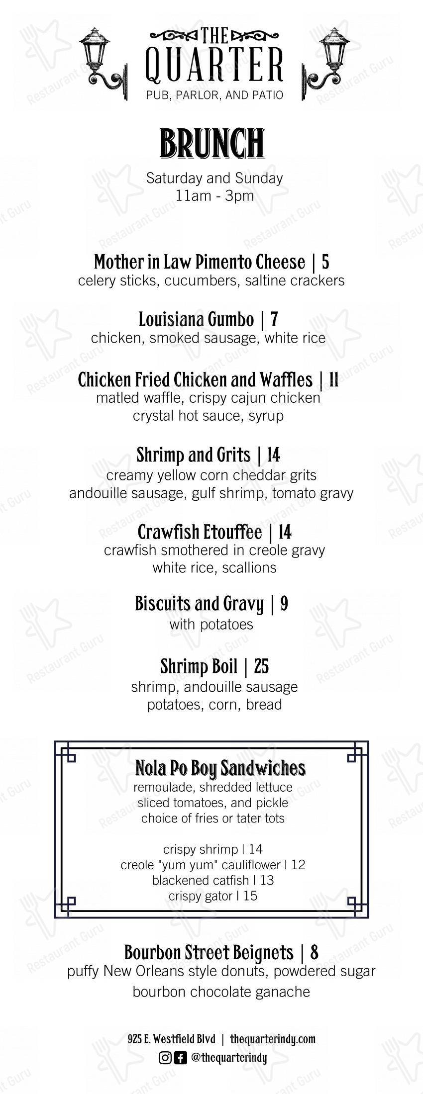 Menu at The Quarter pub & bar, Indianapolis