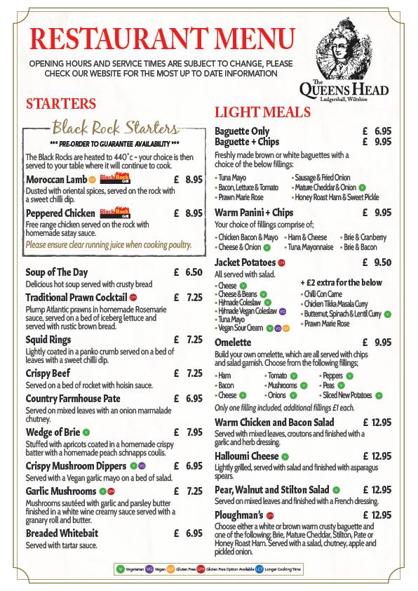 Menu at The Queens Head pub & bar, Tidworth