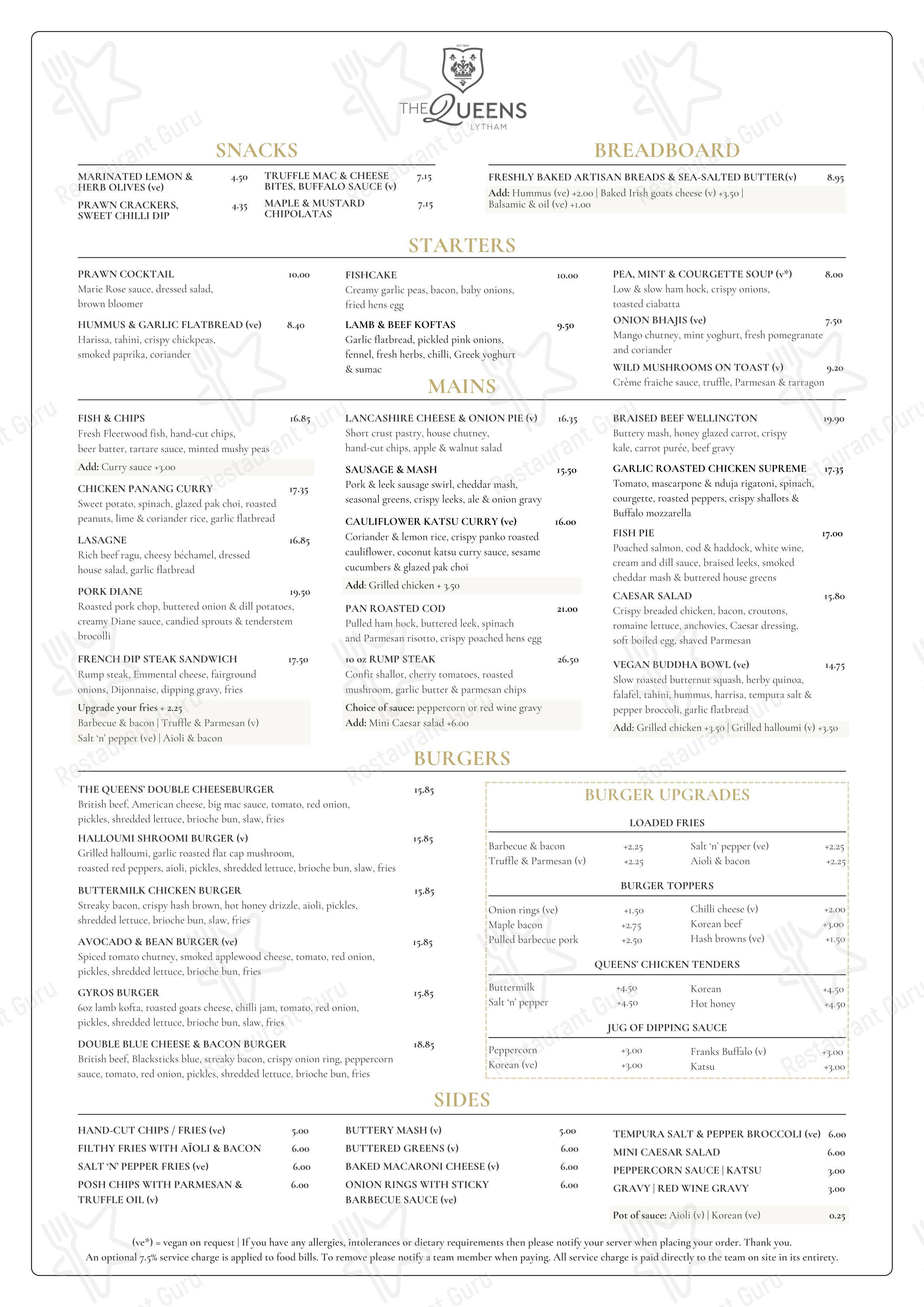 Menu at The Queens Hotel pub & bar, Lytham Saint Annes