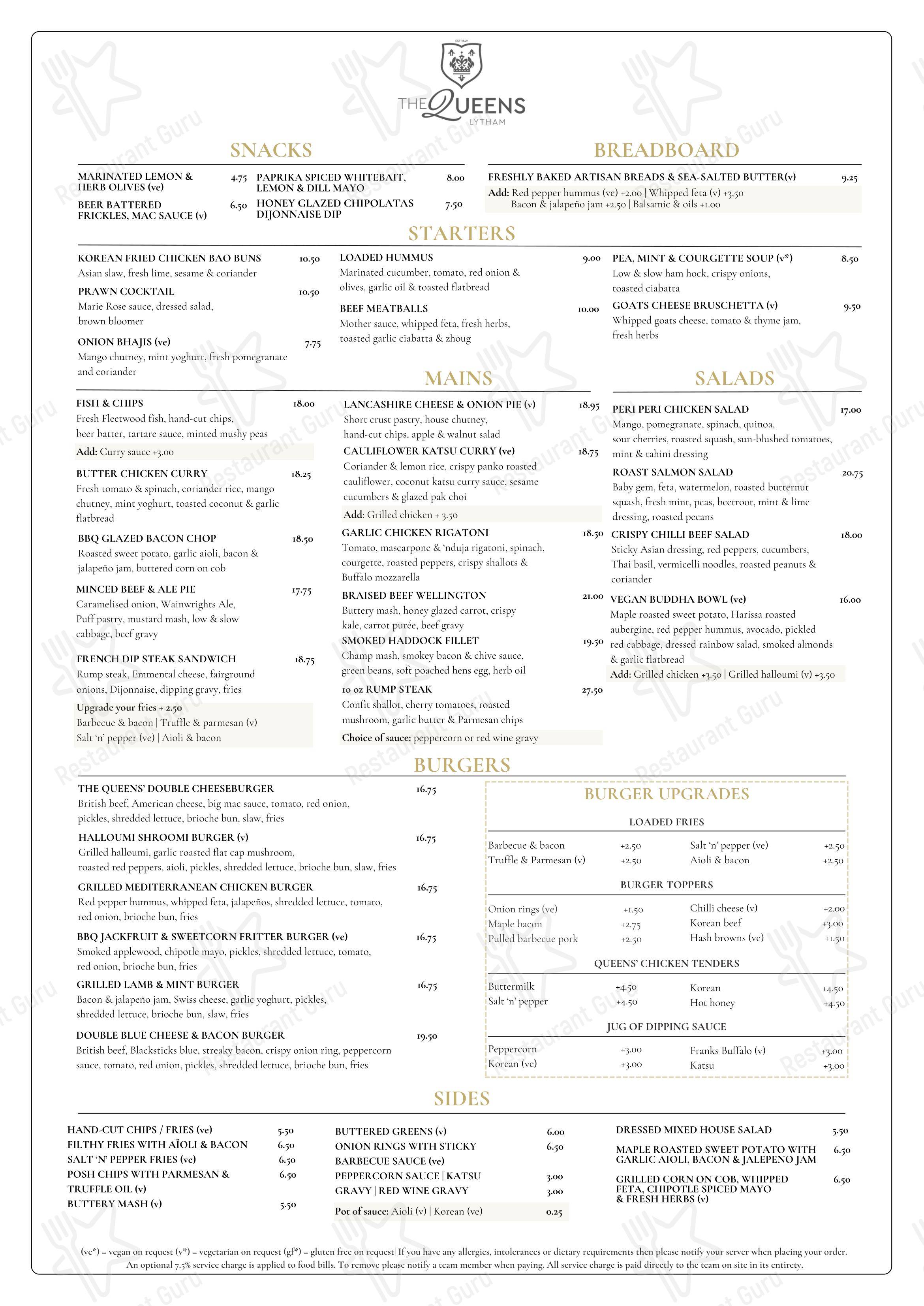 Menu at The Queens Hotel pub & bar, Lytham Saint Annes