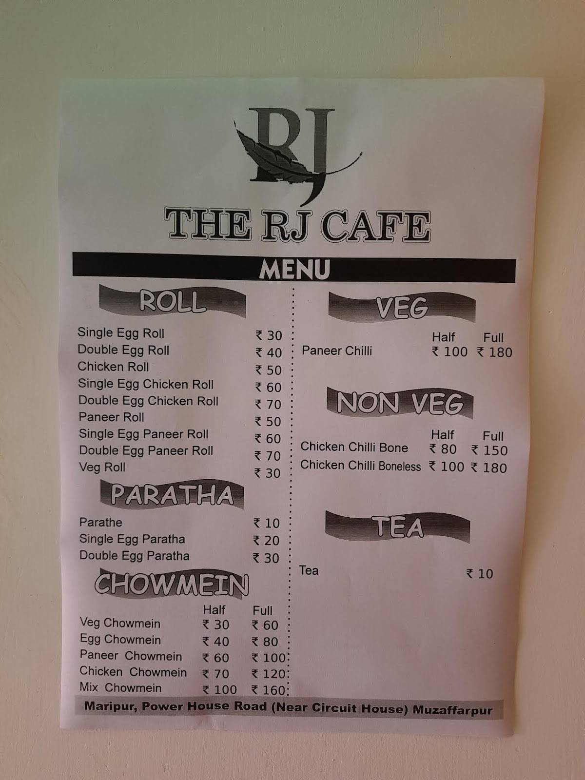 Menu at The RJ Cafe, Muzaffarpur