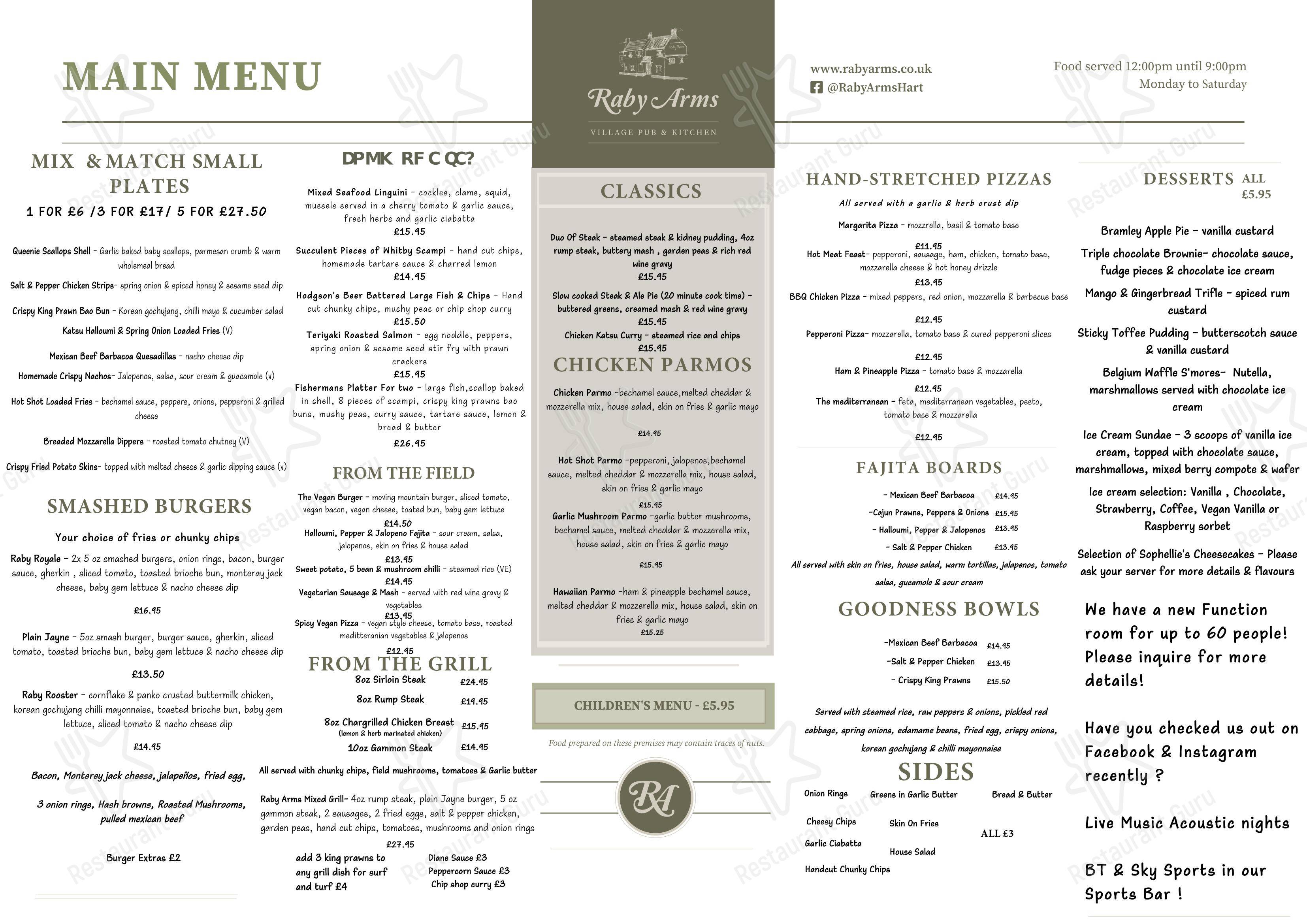 Menu at The Raby Arms - Village Pub and Kitchen, Hartlepool, Front St