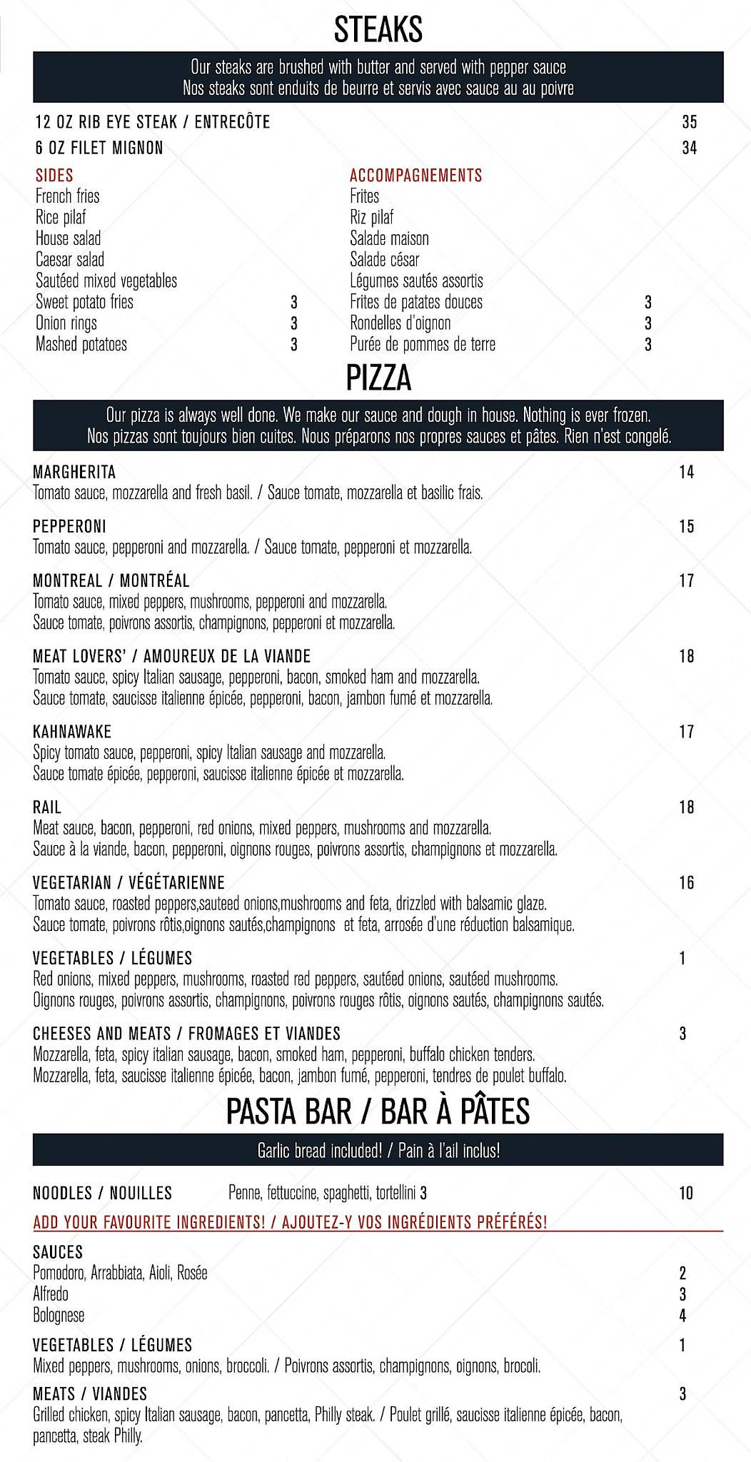 Menu at The Rail Coal Fire Bistro pizzeria, Kahnawake