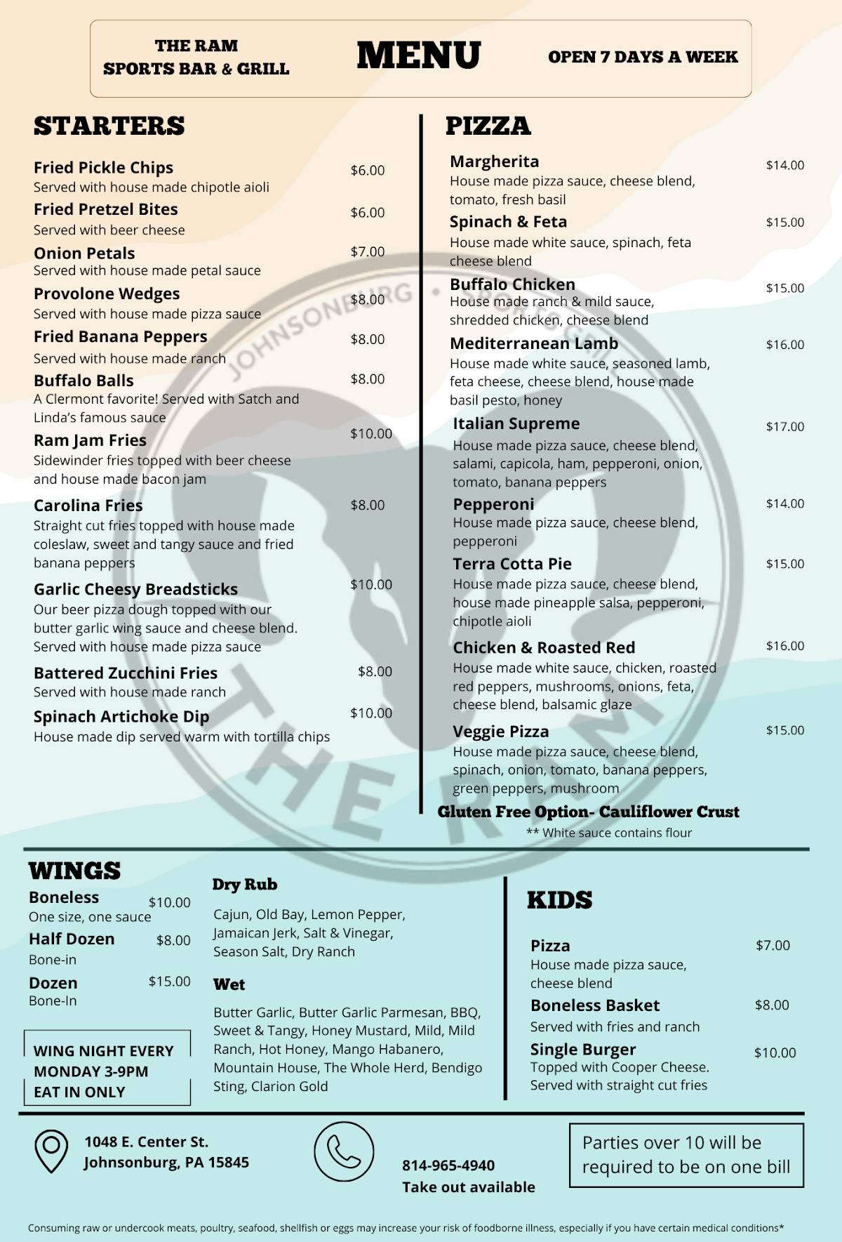 Menu at The Ram Sports Bar and Grill, Johnsonburg