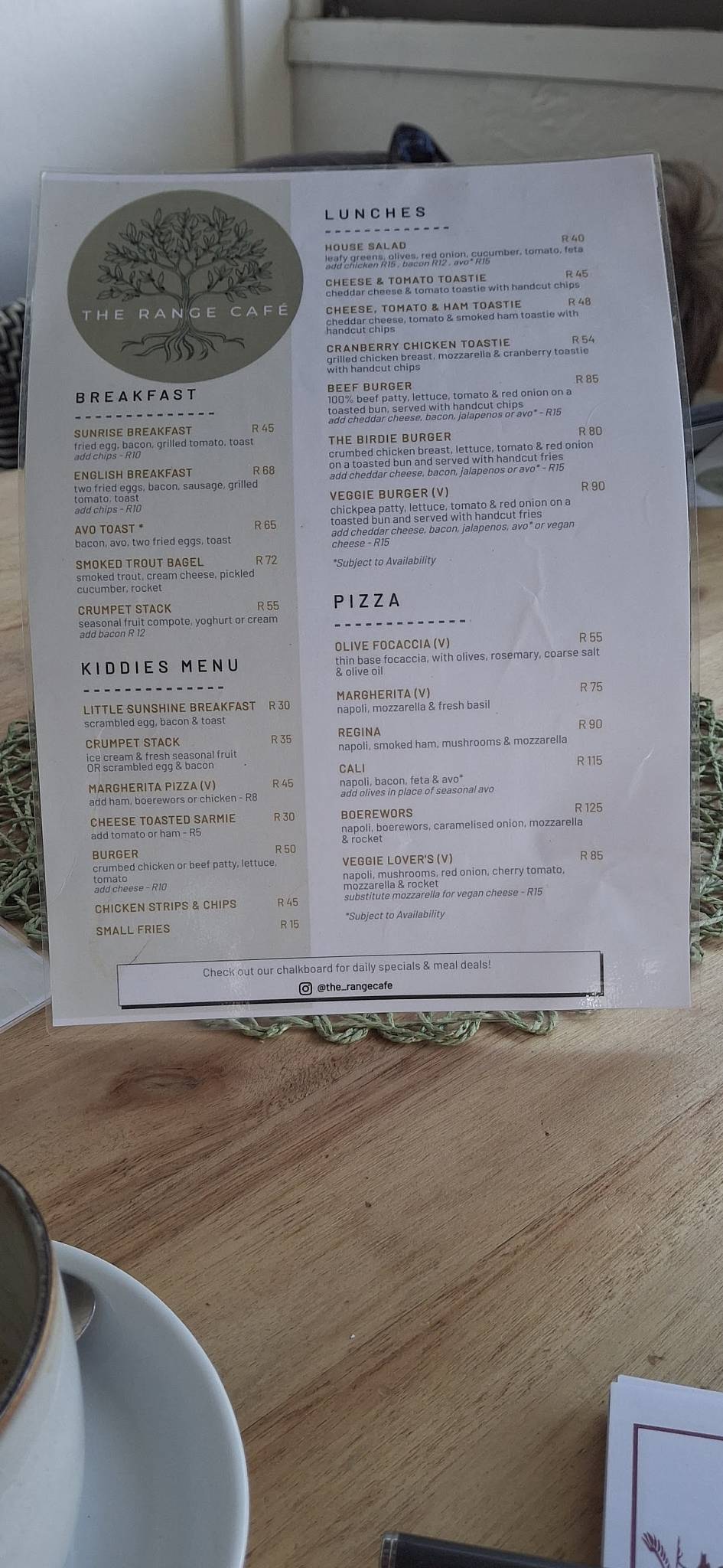 Menu at The Range Café restaurant, Pennington