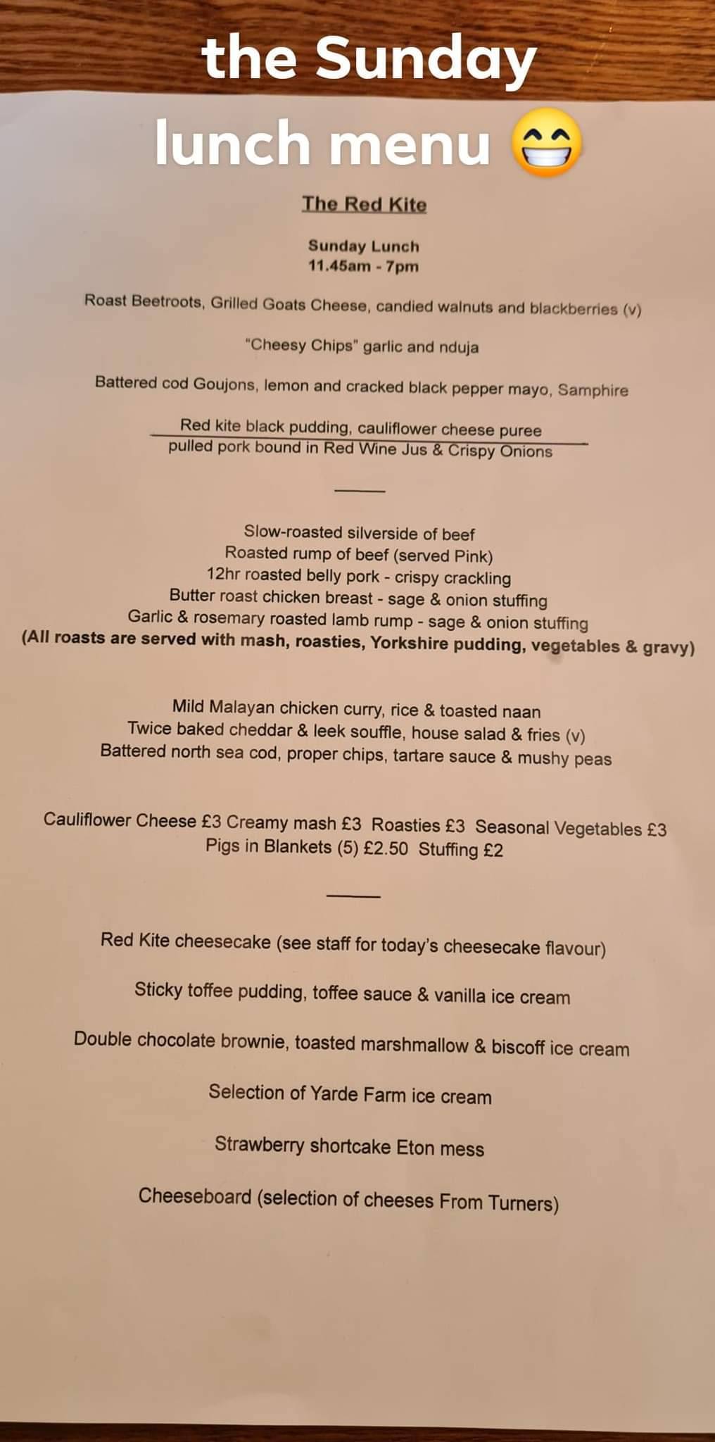 Menu at The Red Kite restaurant, Blaydon