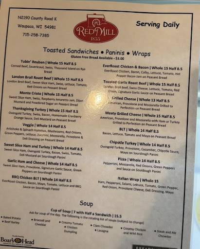 Menu at The Red Mill cafe, Waupaca