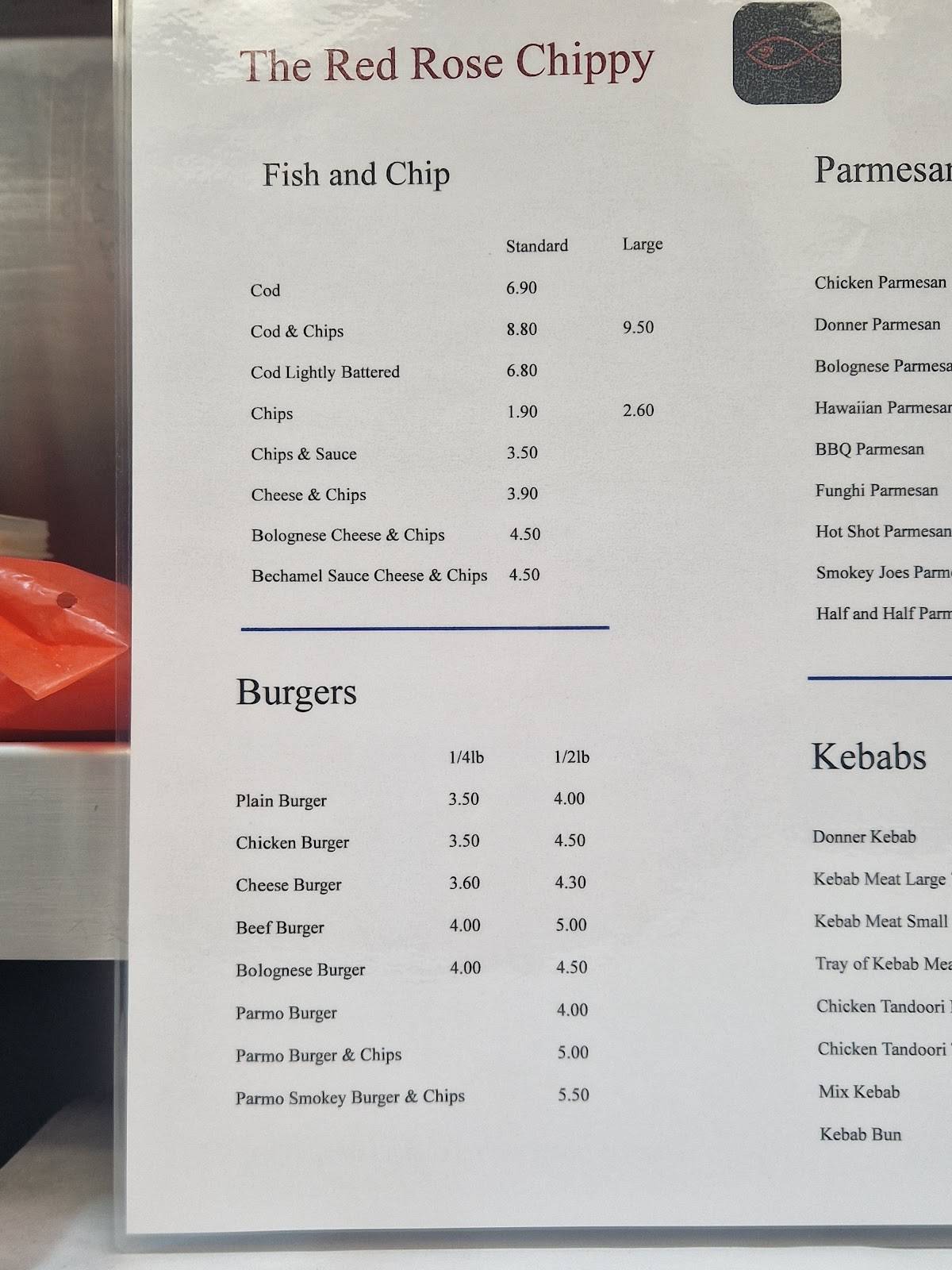 Menu at The Red Rose Chippy, Stockton-on-Tees