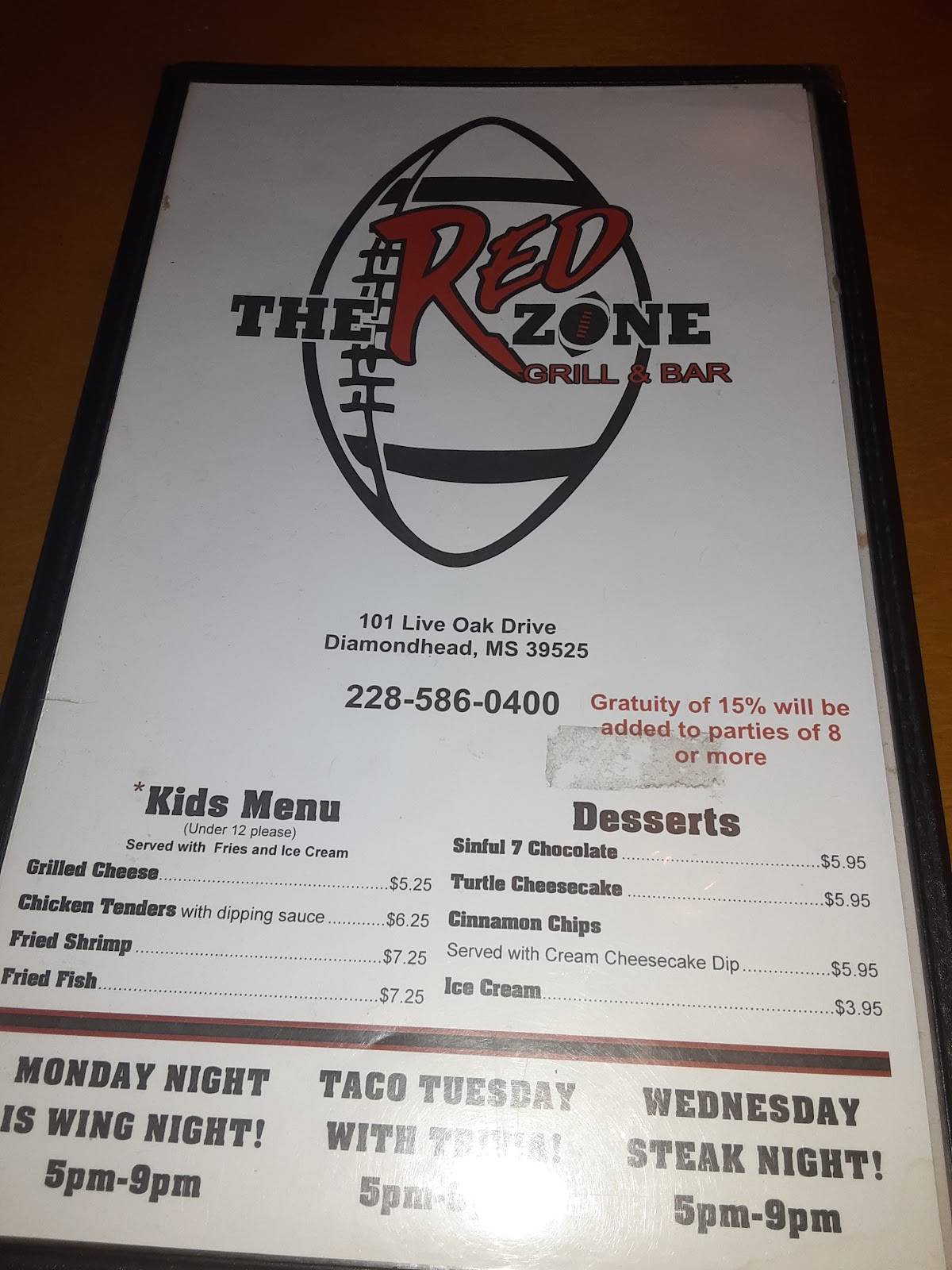Menu at The Red Zone pub & bar, Diamondhead