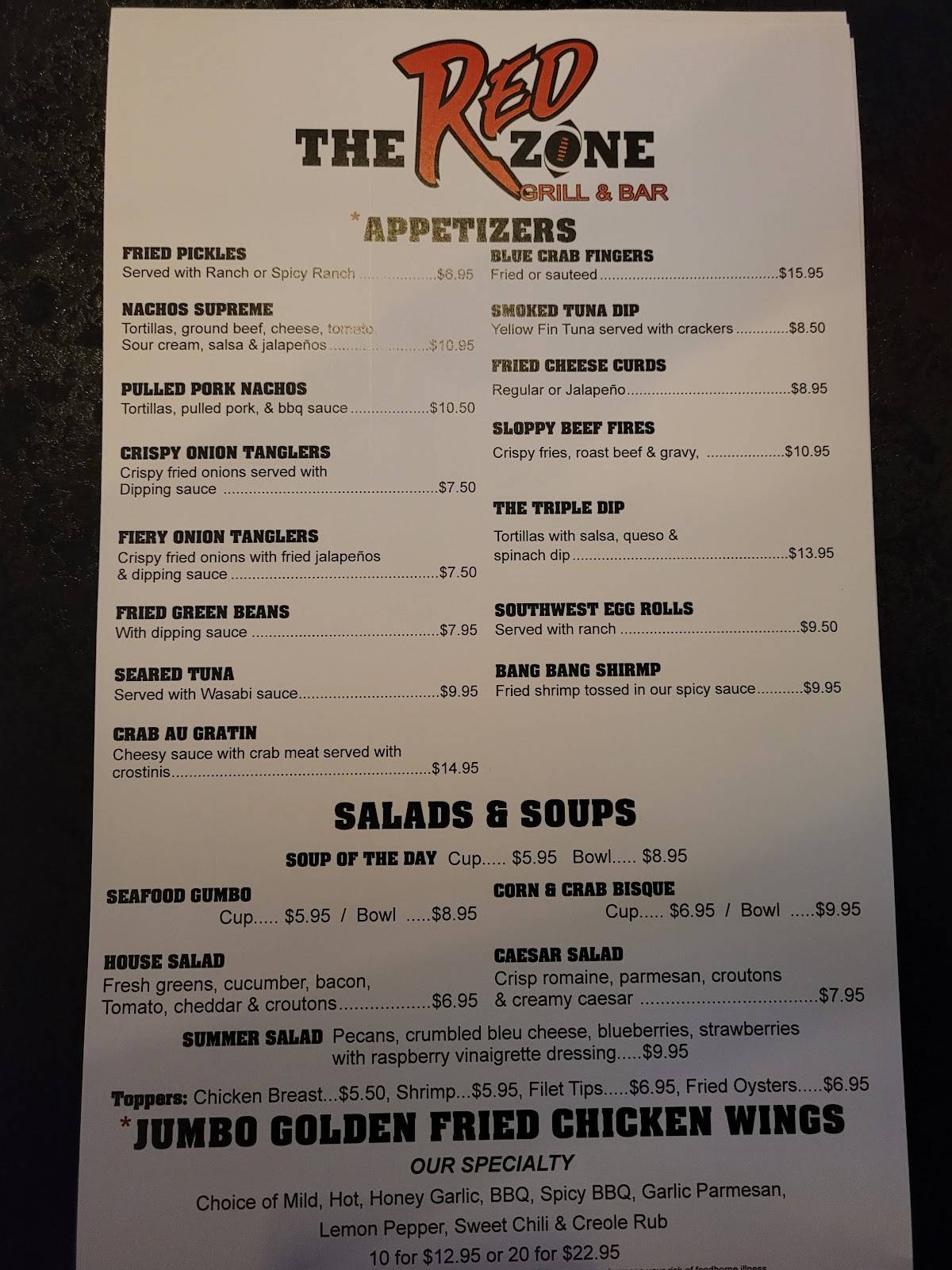 Menu at The Red Zone pub & bar, Diamondhead