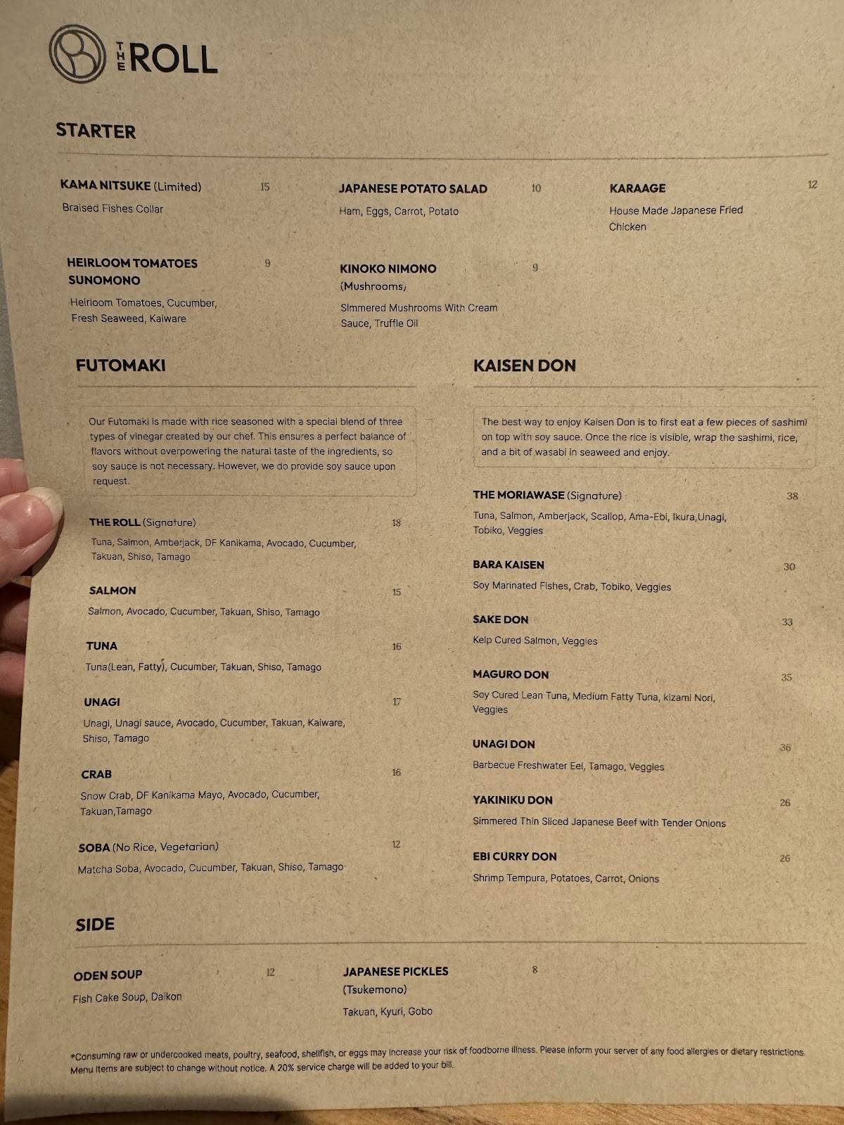 Menu at The Roll restaurant, San Francisco