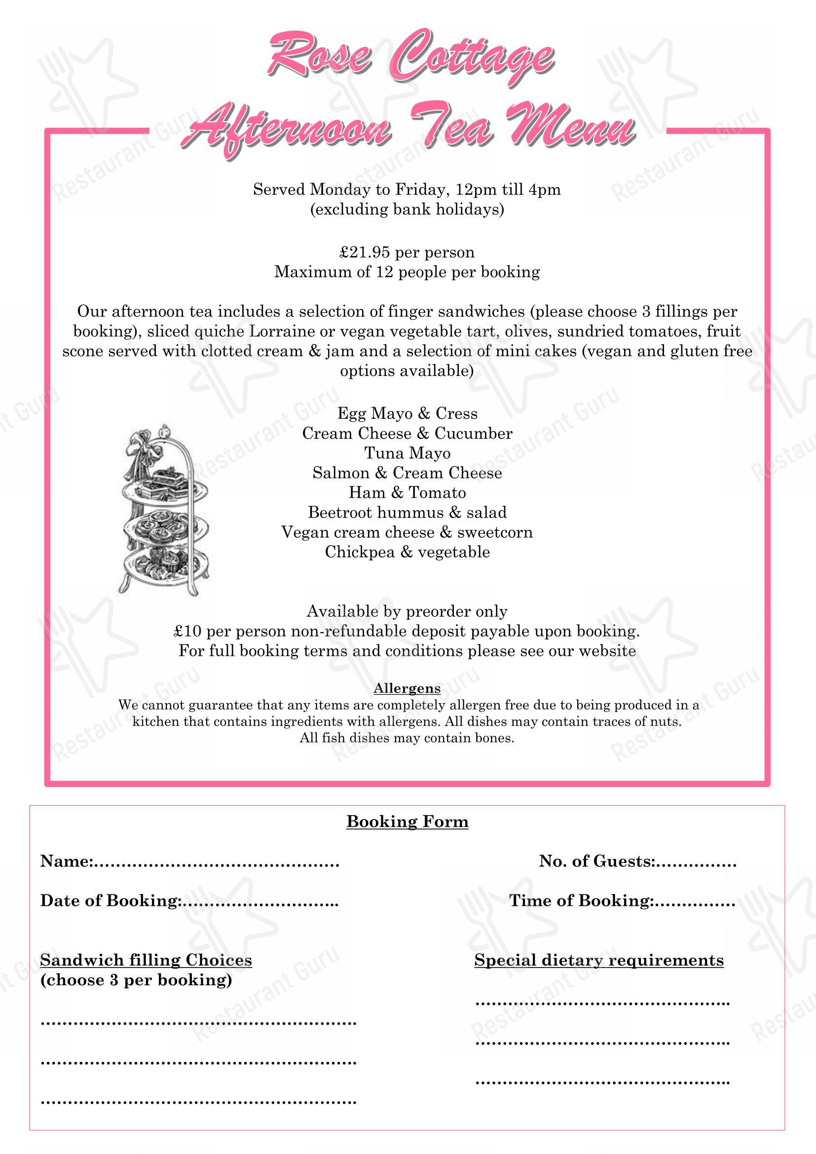 Menu at The Rose Cottage pub & bar, Edwinstowe