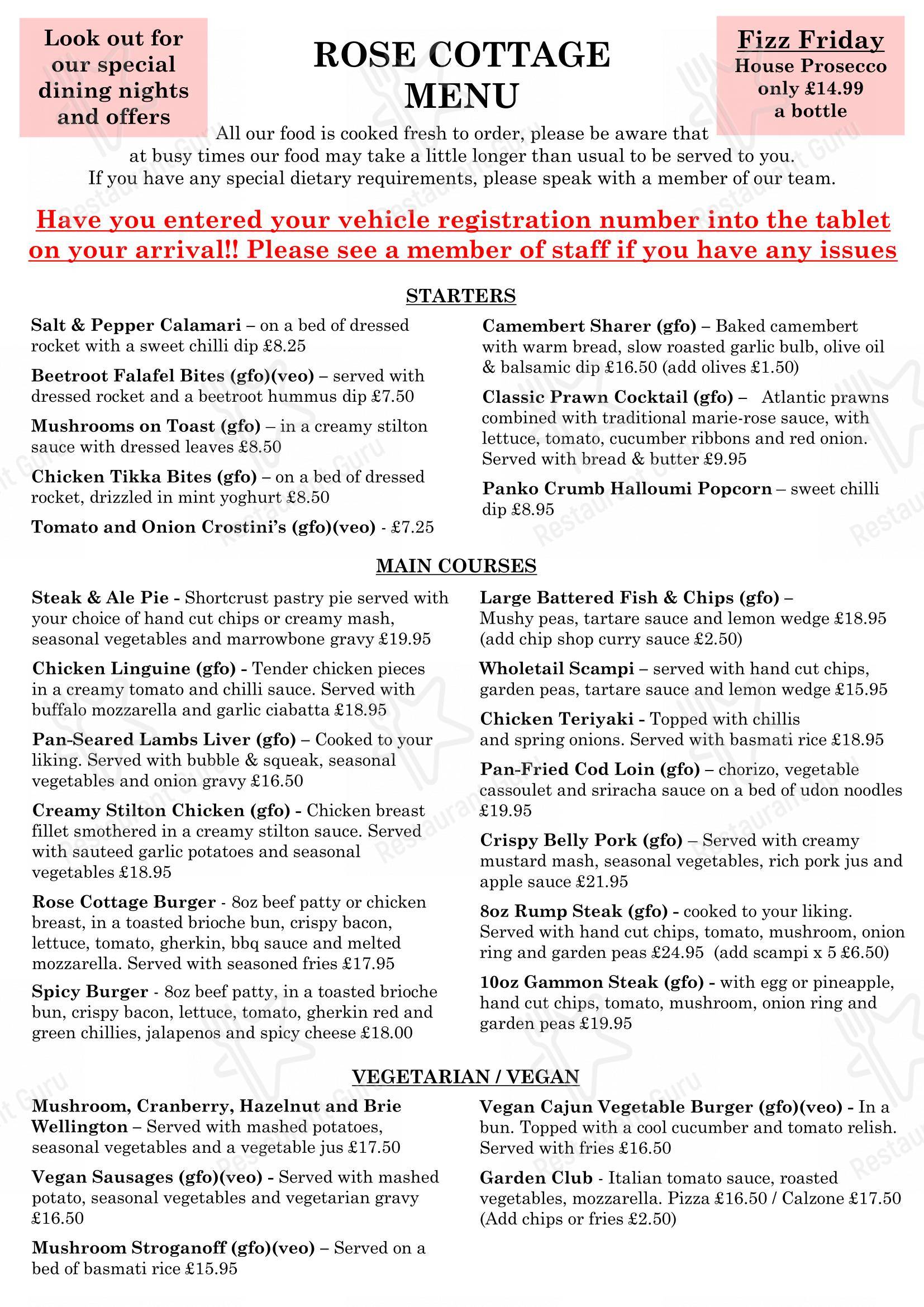 Menu at The Rose Cottage pub & bar, Edwinstowe