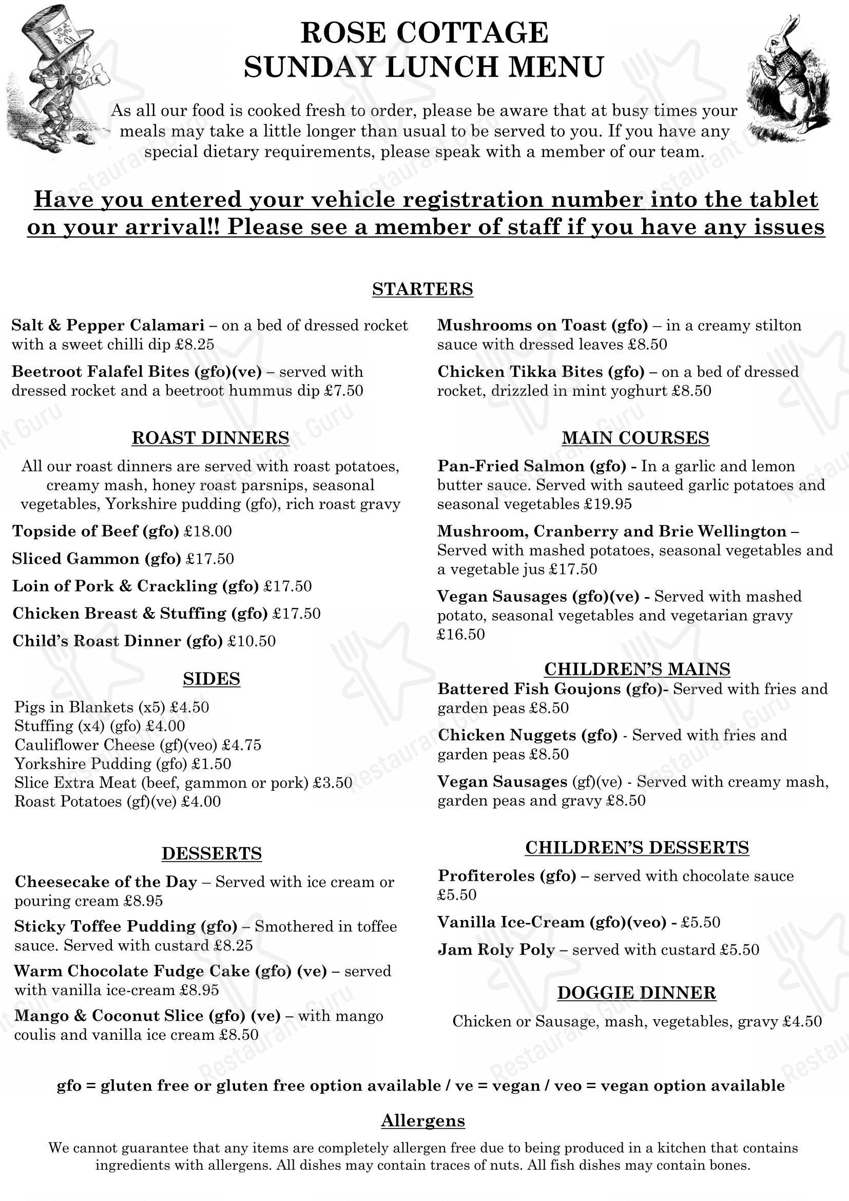 Menu at The Rose Cottage pub & bar, Edwinstowe