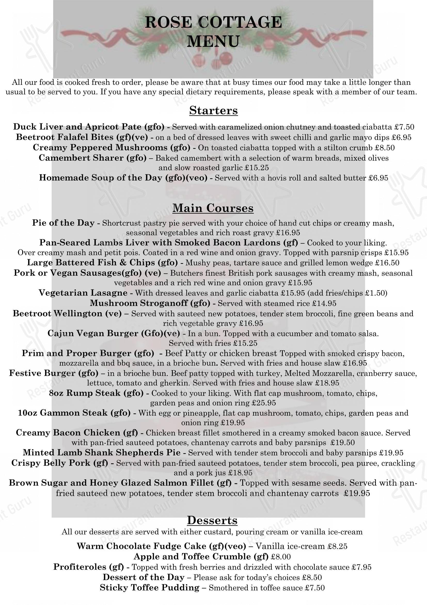Menu at The Rose Cottage pub & bar, Edwinstowe