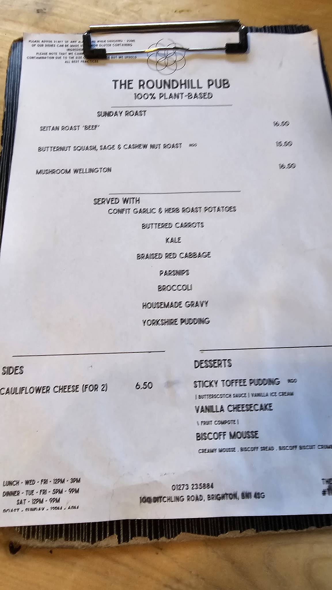 Menu at The Roundhill Pub, Brighton