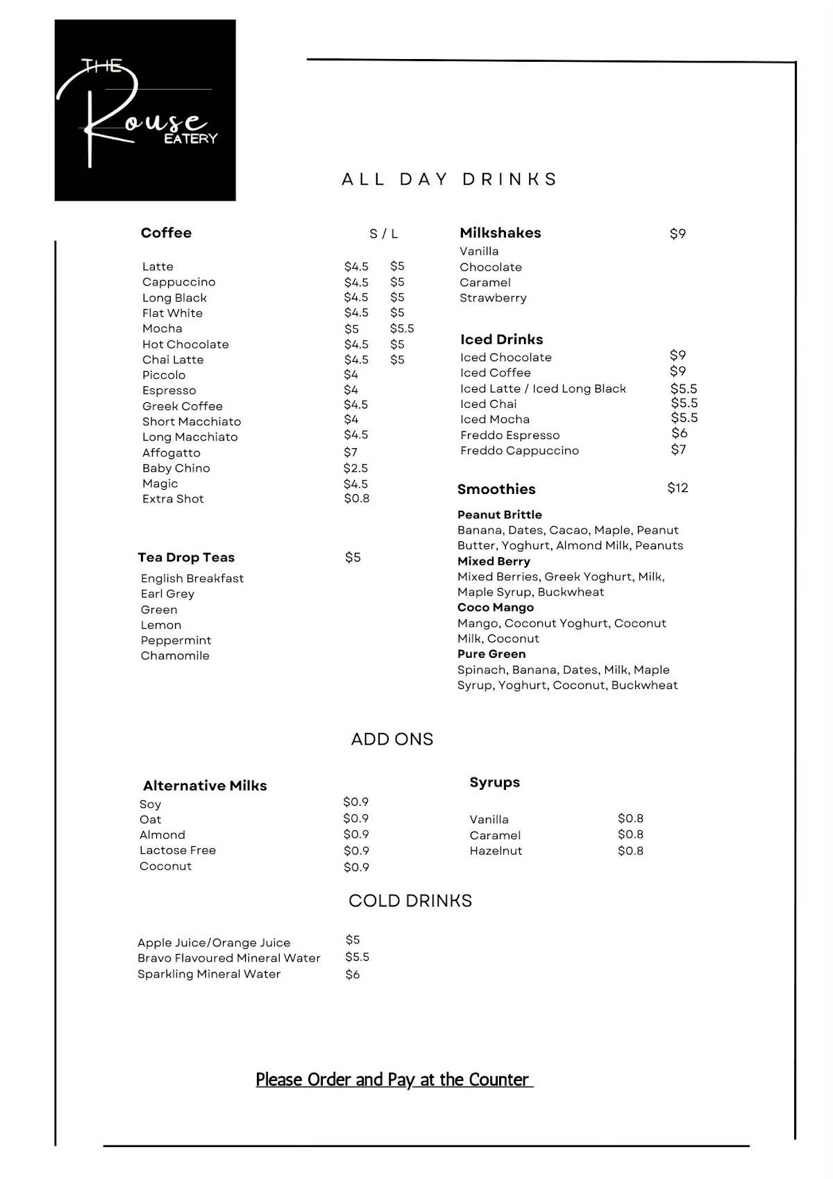 Menu at The Rouse Eatery cafe, Port Melbourne